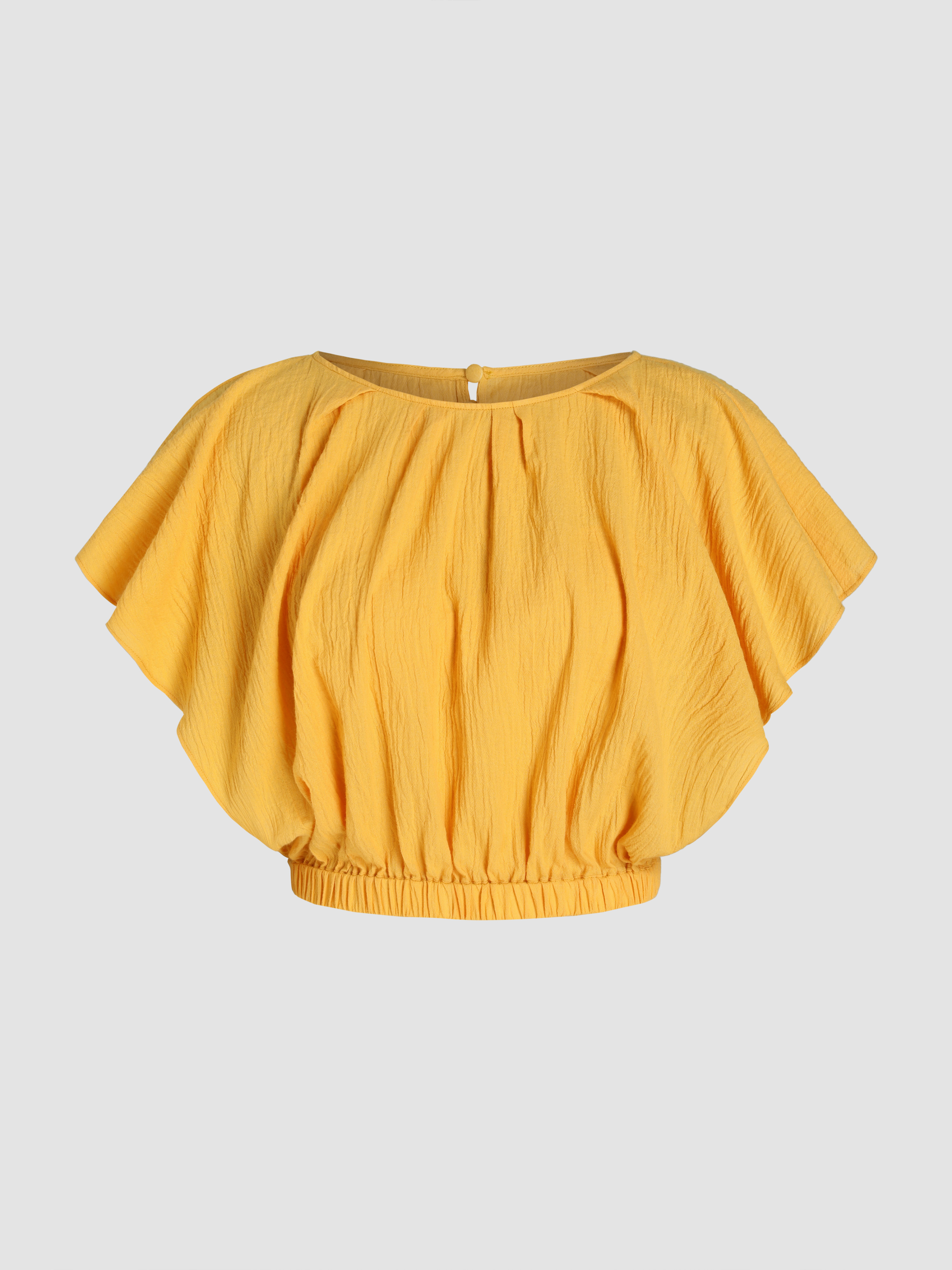 Solid Round Neckline Cut Out Ruffle Short Sleeve Top - Cider