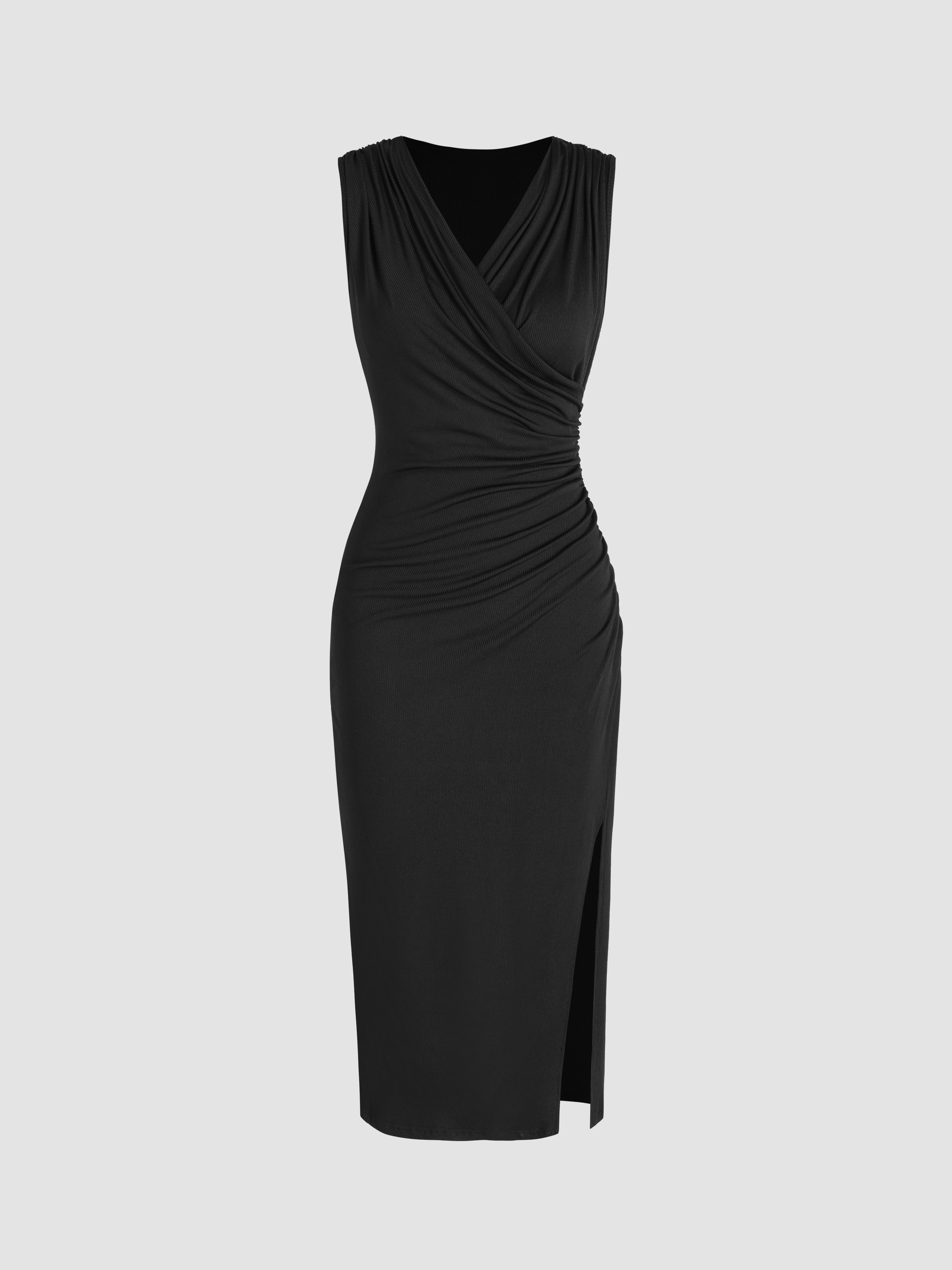 Ruched Split V-neck Midi Dress - Cider