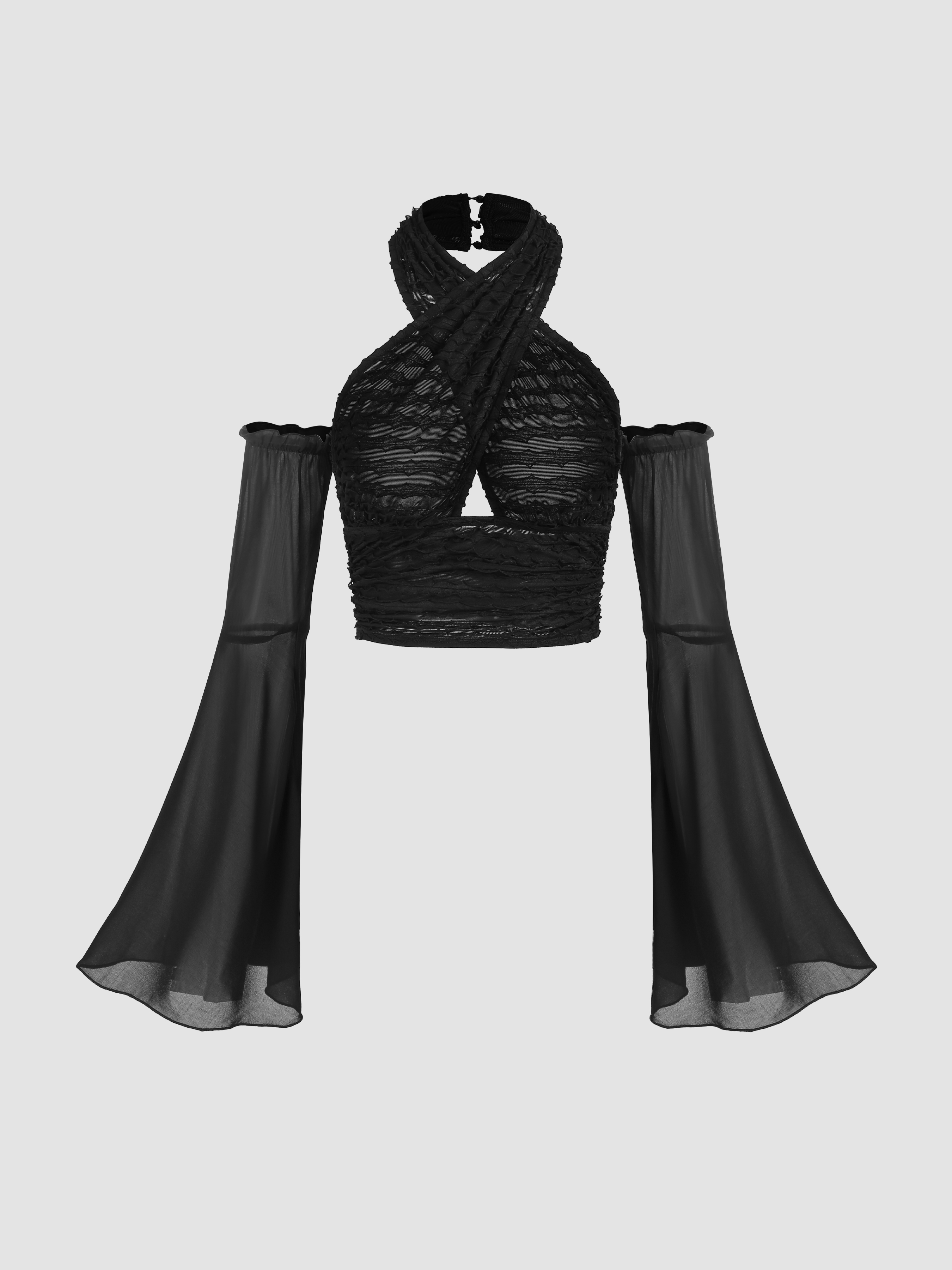 Halter Texture Cut Out Top With Chiffon Oversleeves For Vacation Holiday