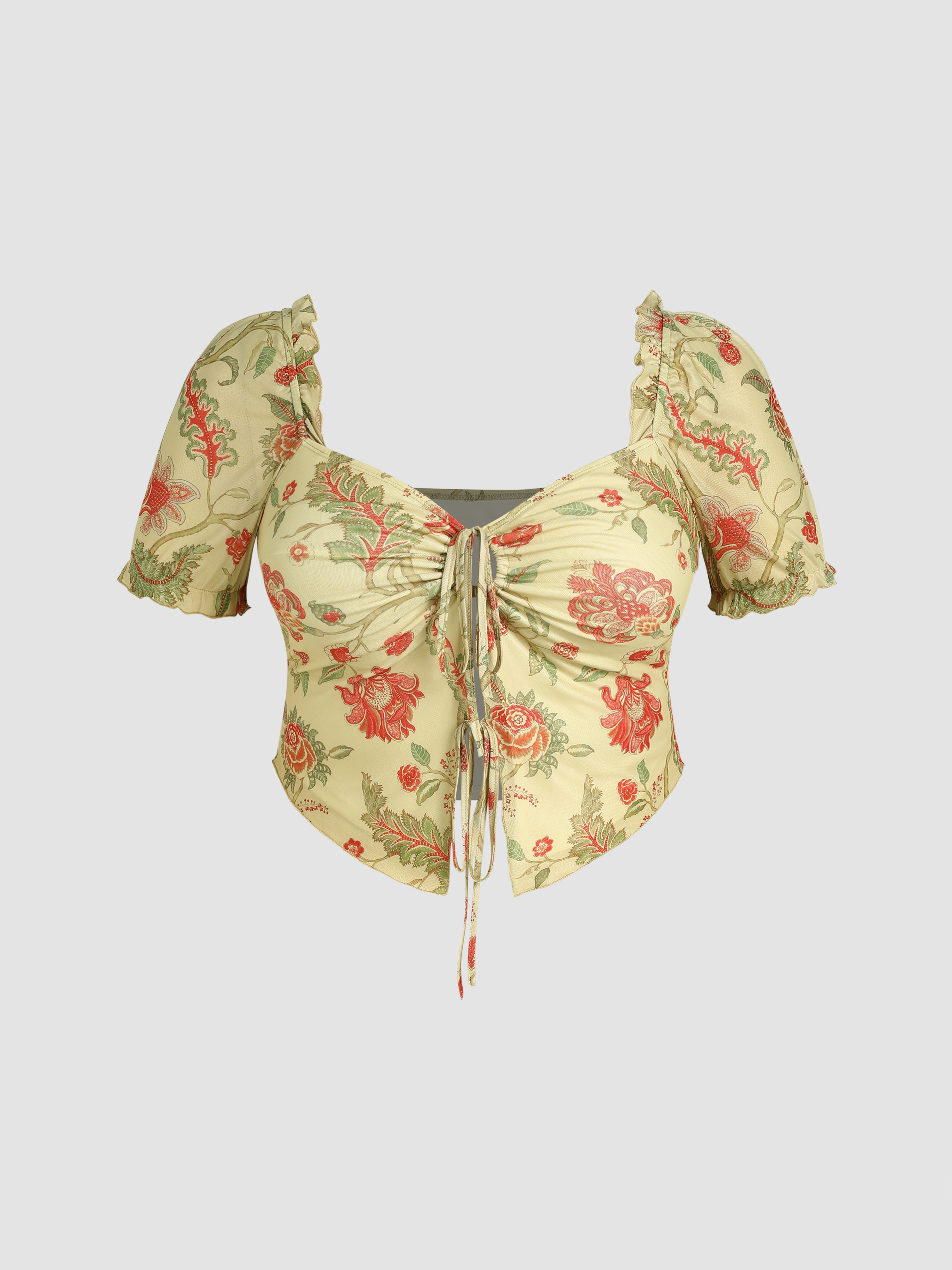 Curve & Plus Floral Square Neck O-Ring Lace Up Lettuce Trim Blouse For ...