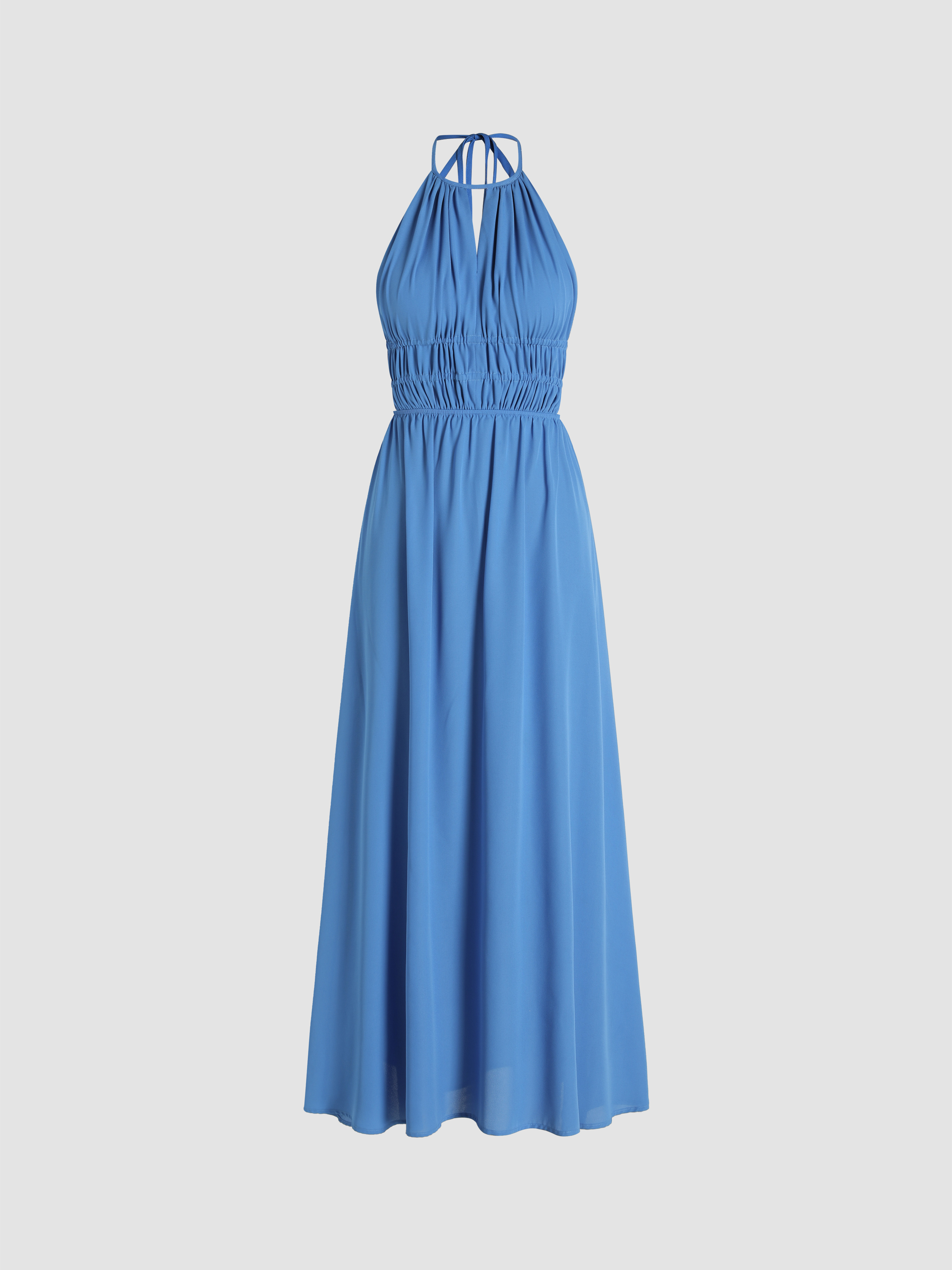 Woven Solid Halter Backless Ruffle Maxi Dress For Date Vacation