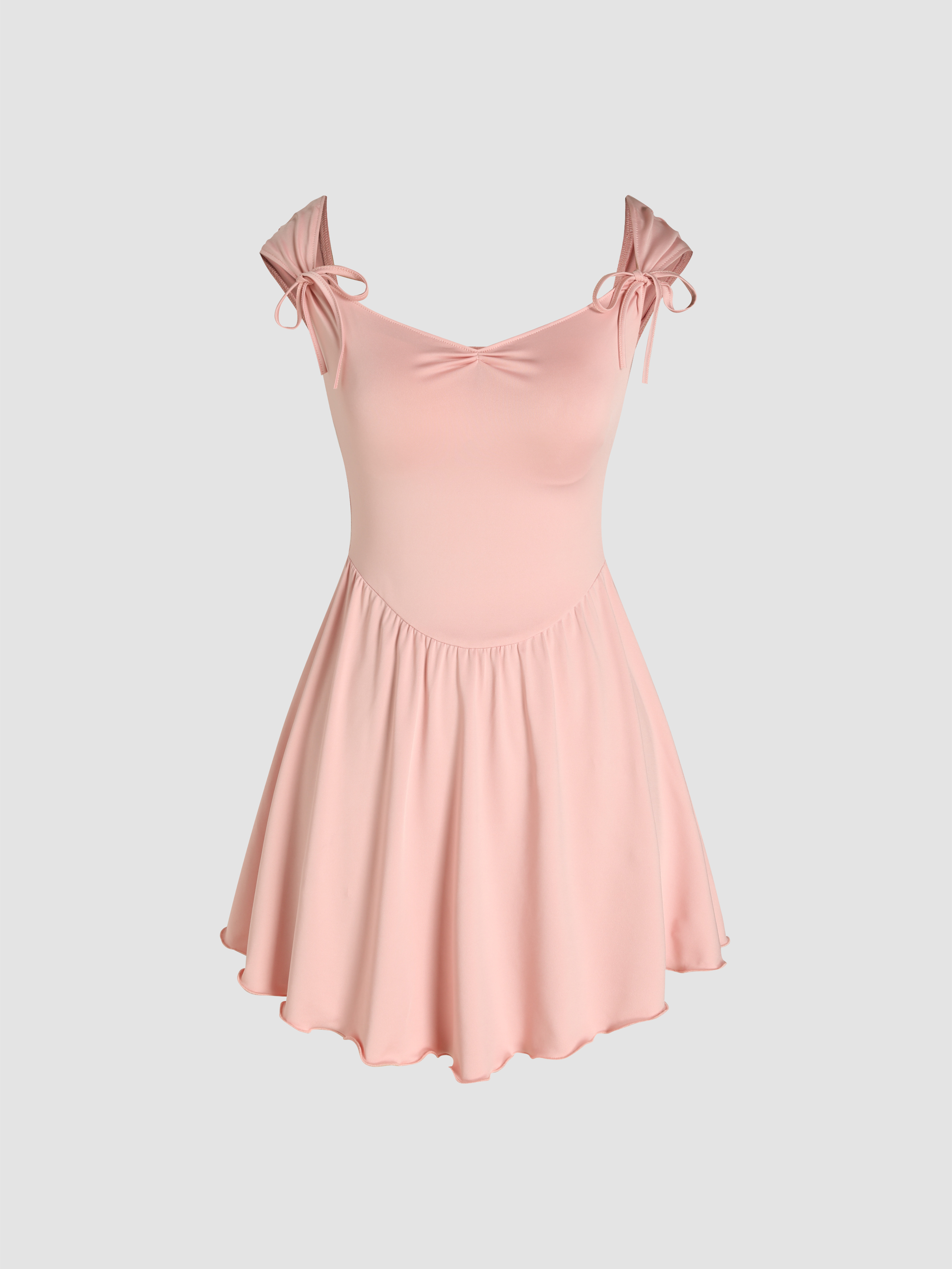 V-neck Ruched Knotted Mini Dress - Cider