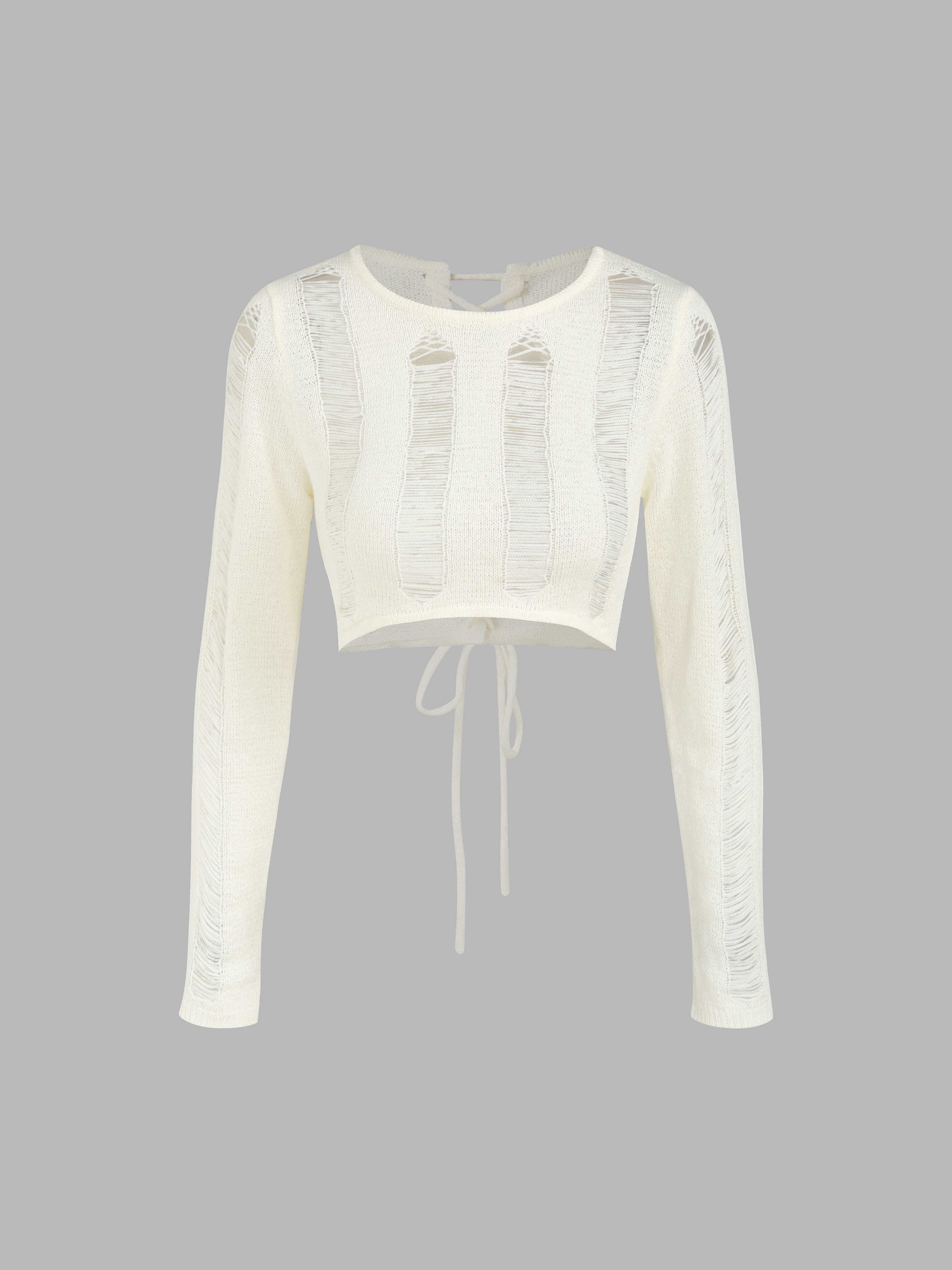 Knit Round Neckline Ripped Lace Up Long Sleeve Top For Holiday