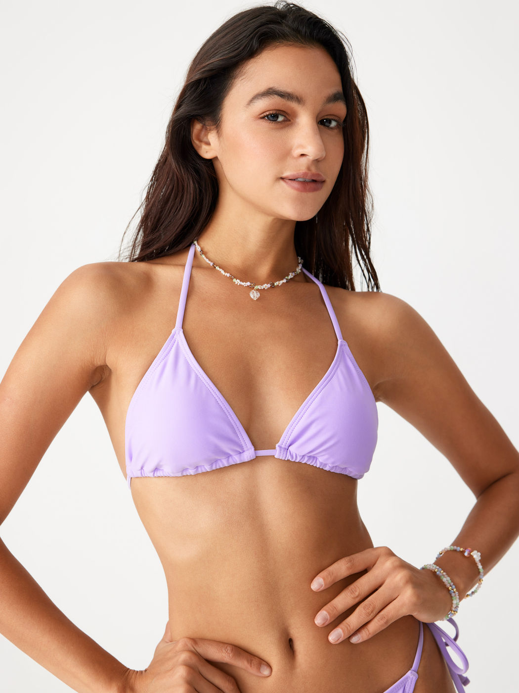 Knit Fabric Halter Drawstring Triangle Bikini Top For Vacation Swimming