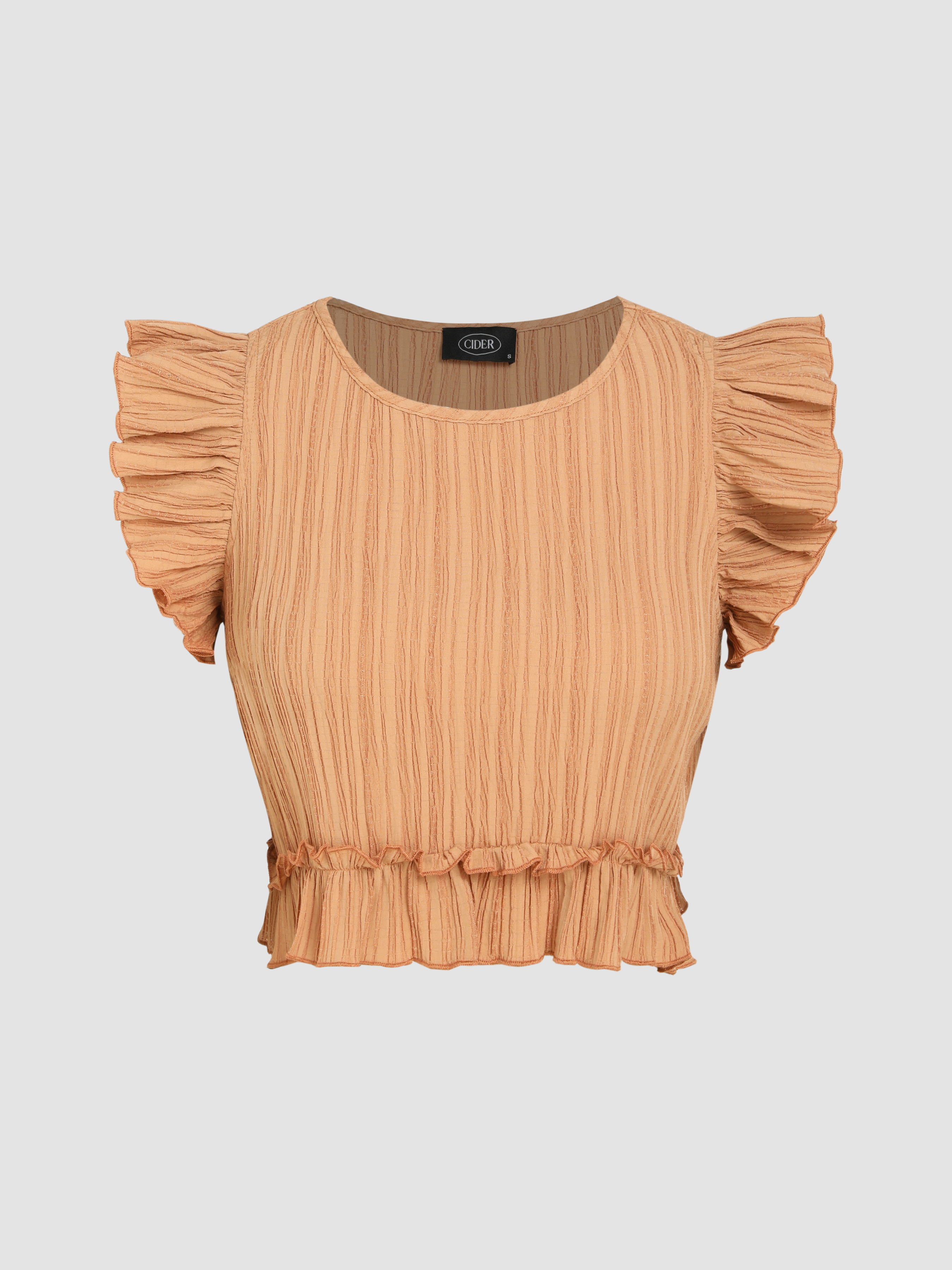 Round Neckline Solid Ruffle Top For Vacation Holiday