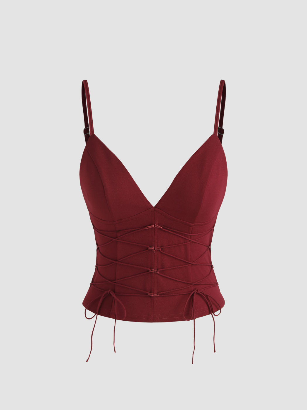 V-neck Solid Corset Lace Up Crop Cami Top - Cider