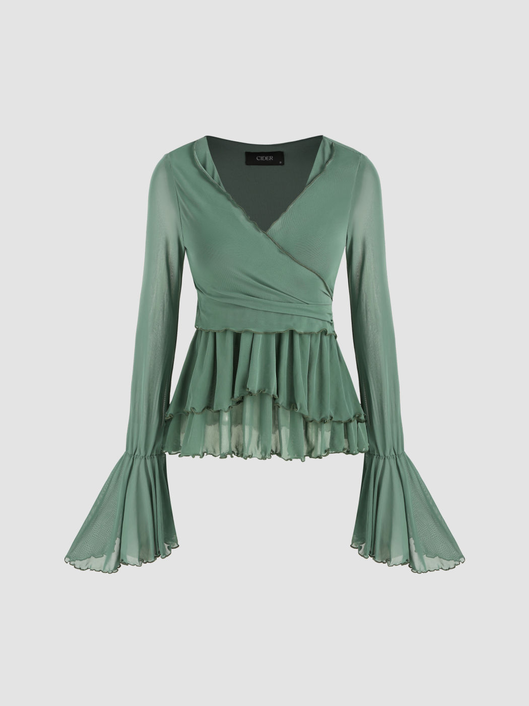 Mesh Mesh V-neck Ruffle Bell Sleeve Top For Vacation Holiday