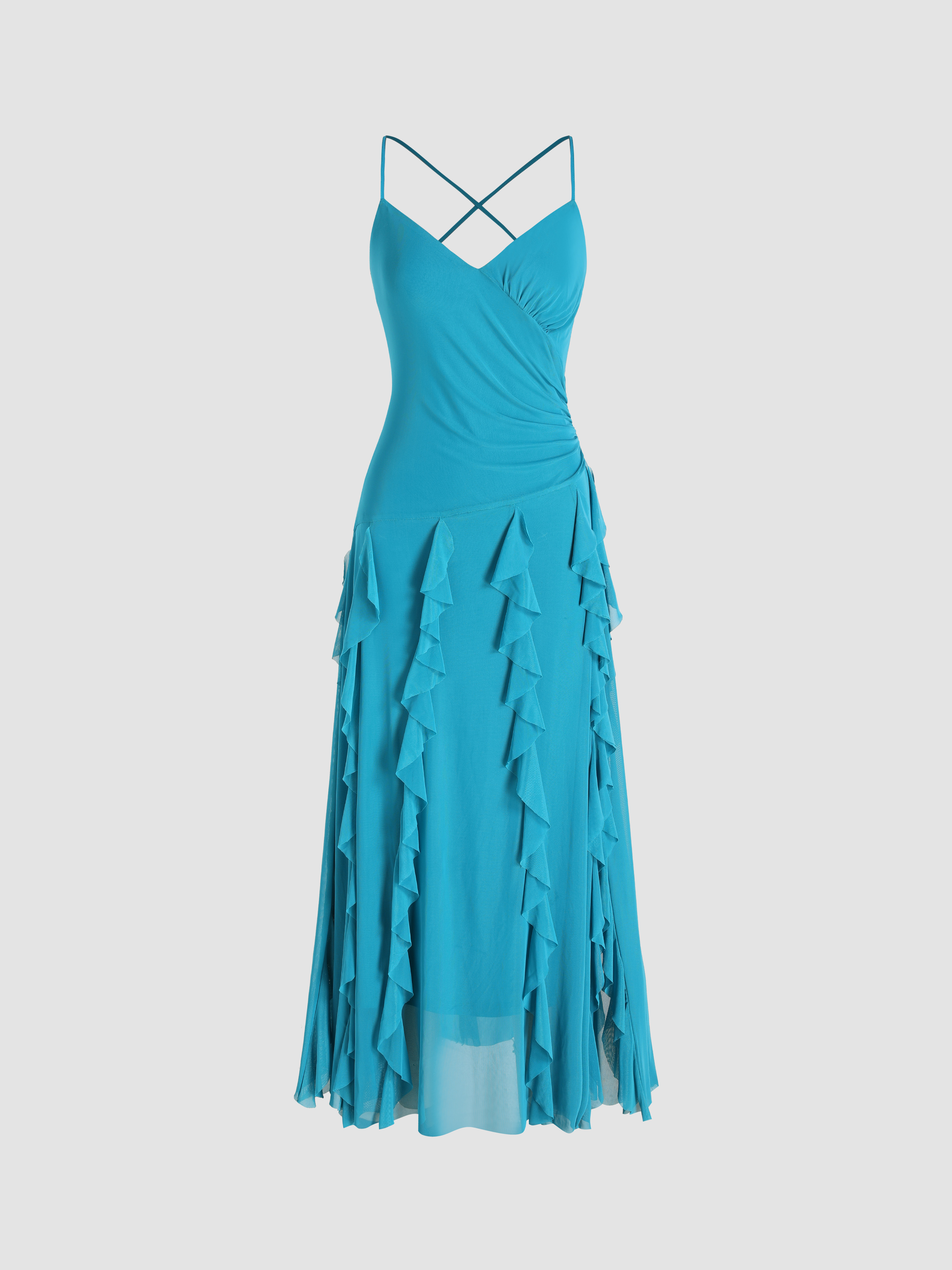 Mesh V-neck Backless Ruffle Cami Maxi Dress For Date Wedding Vacation