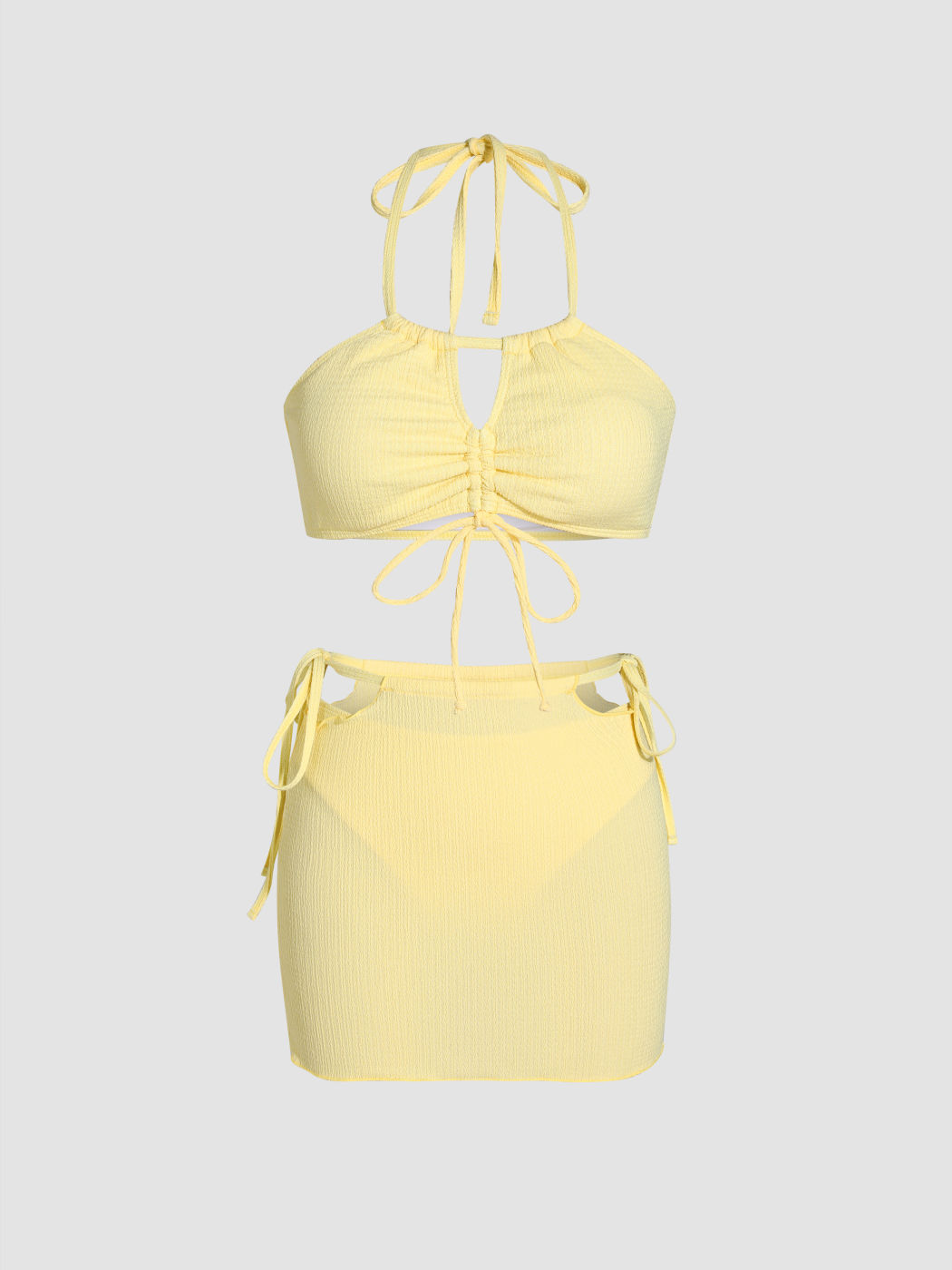 Knit Fabric Halter Cut Out Drawstring Cheeky 3 Piece Bikini Set For ...