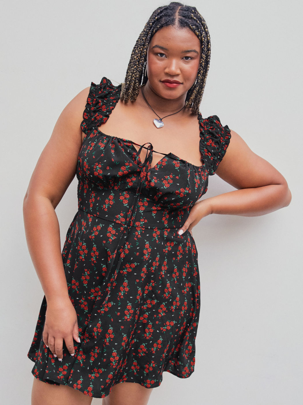 Woven Rose Square Neck Ruffle Mini Dress Curve And Plus For Date Coffee