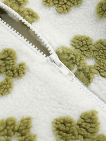 Fleece Collar Floral Zipper Jacket For Daily Casual