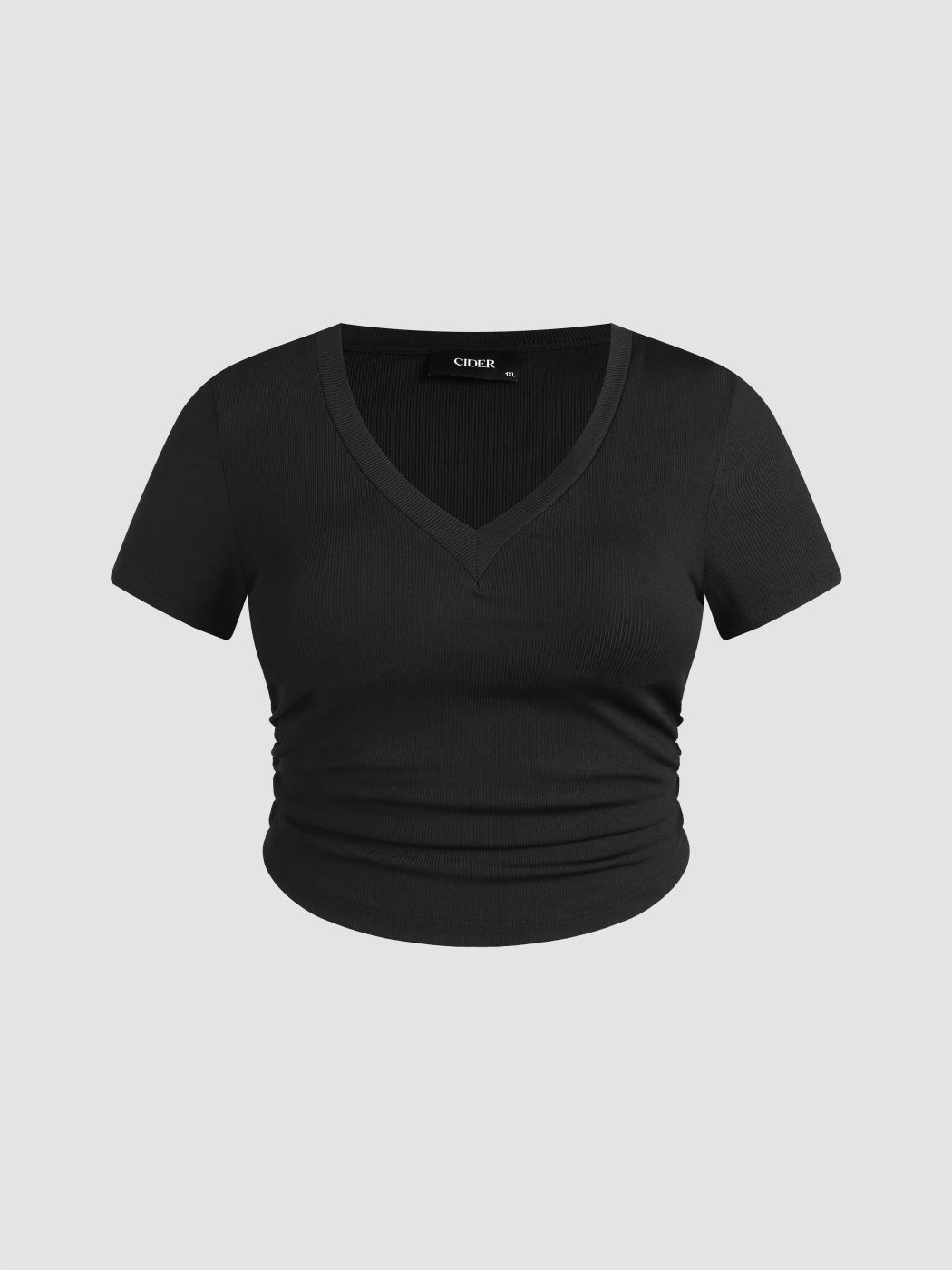 Curve And Plus Ruched V Neck Rib Short Sleeve Top For School Daily Casual
