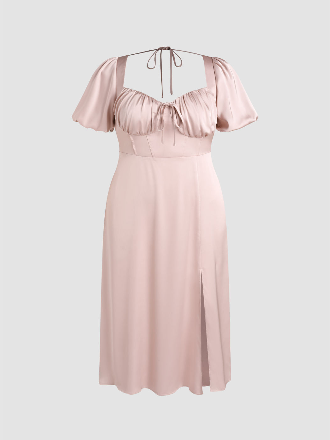Satin Satin Knotted Puff Sleeve Split Midi Dress Curve & Plus For Daily Casual Date