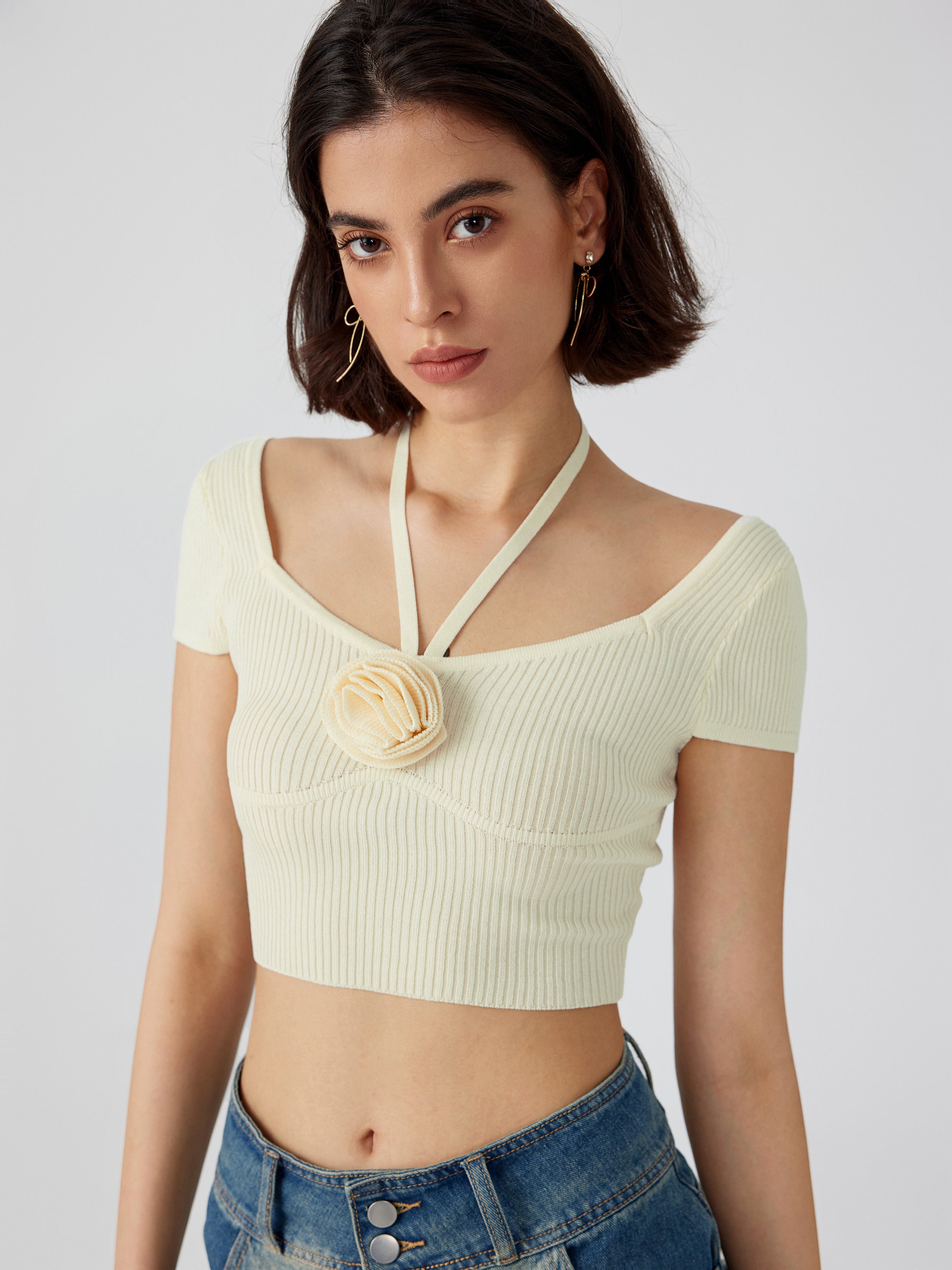 Rosette Halter Knit Crop Top - Cider