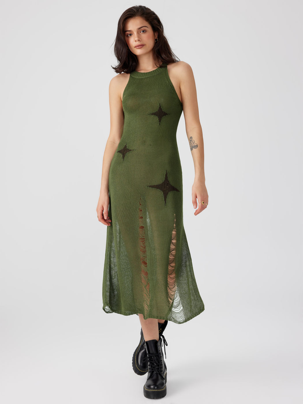Knit Star Pattern Ripped Slit Midi Dress - Cider