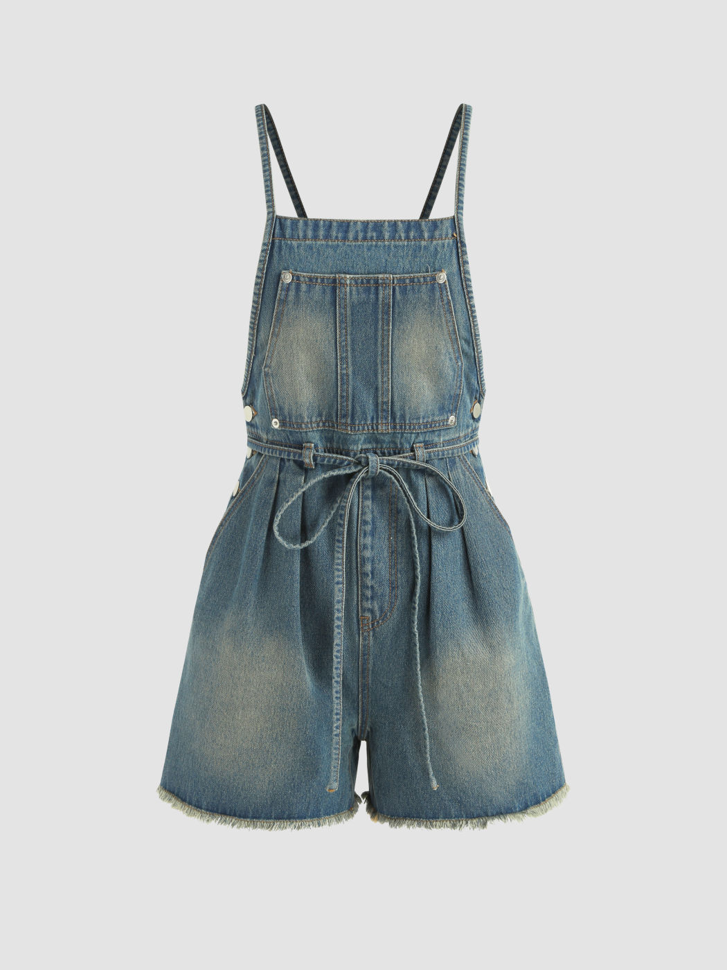 Denim Denim Solid Belted Romper For School Daily Casual