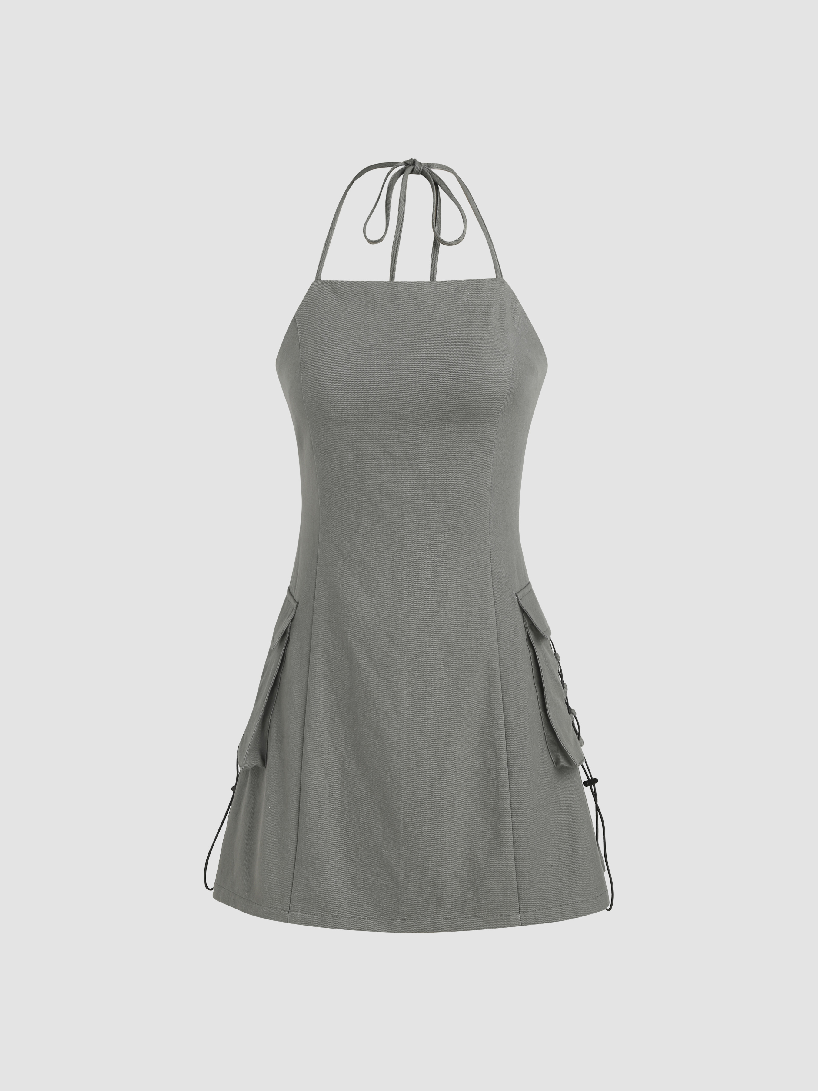 Solid Halter Backless Lace Up Cargo Mini Dress For Holiday