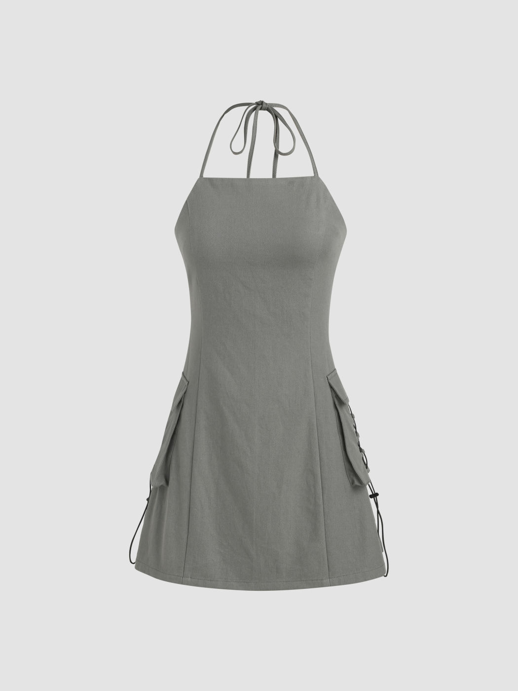 Solid Halter Backless Lace Up Cargo Mini Dress For Holiday