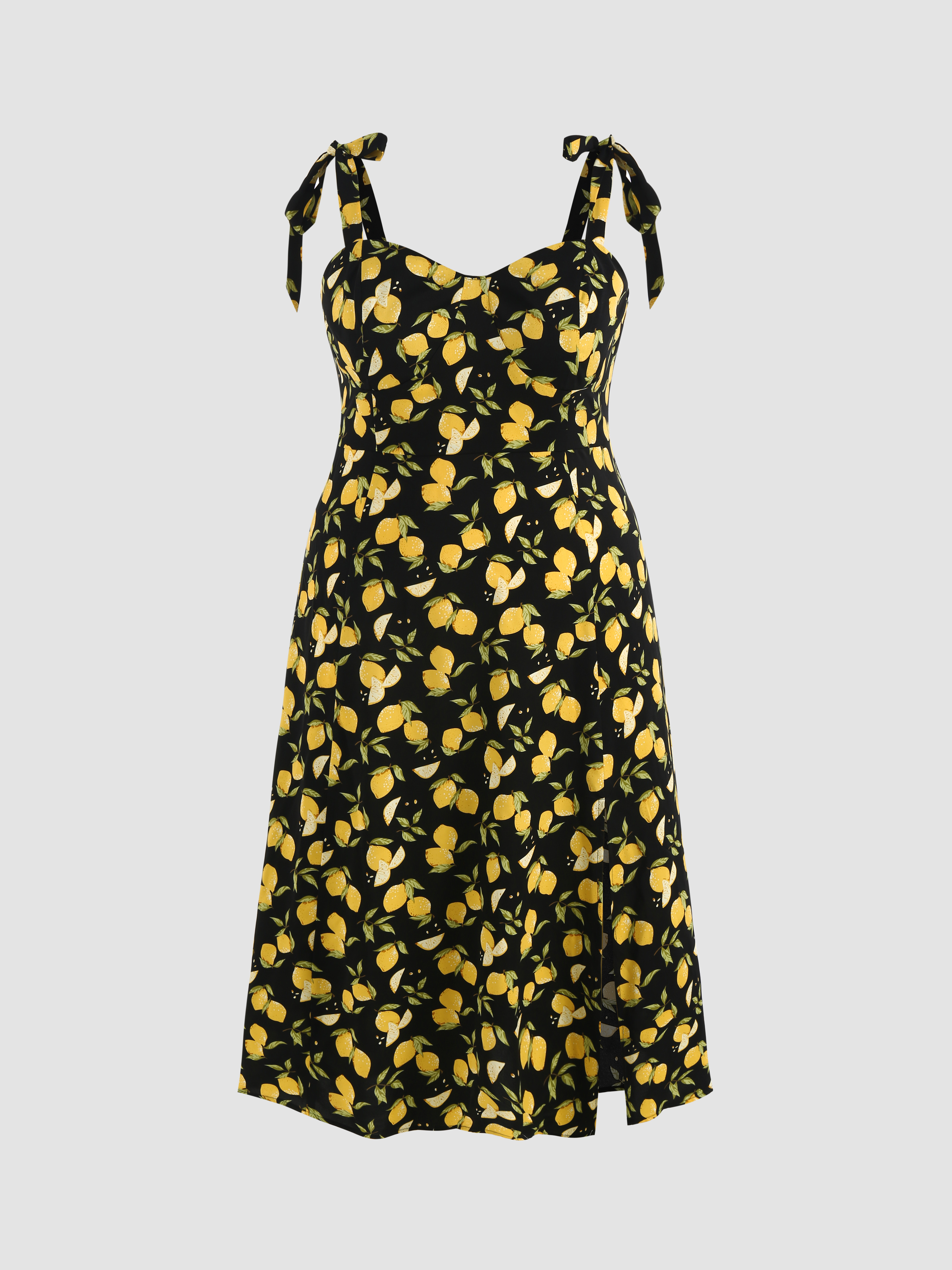 Curve & Plus Chiffon Lemon Print Ruffle Hem Tie Shoulder Split Midi Dress