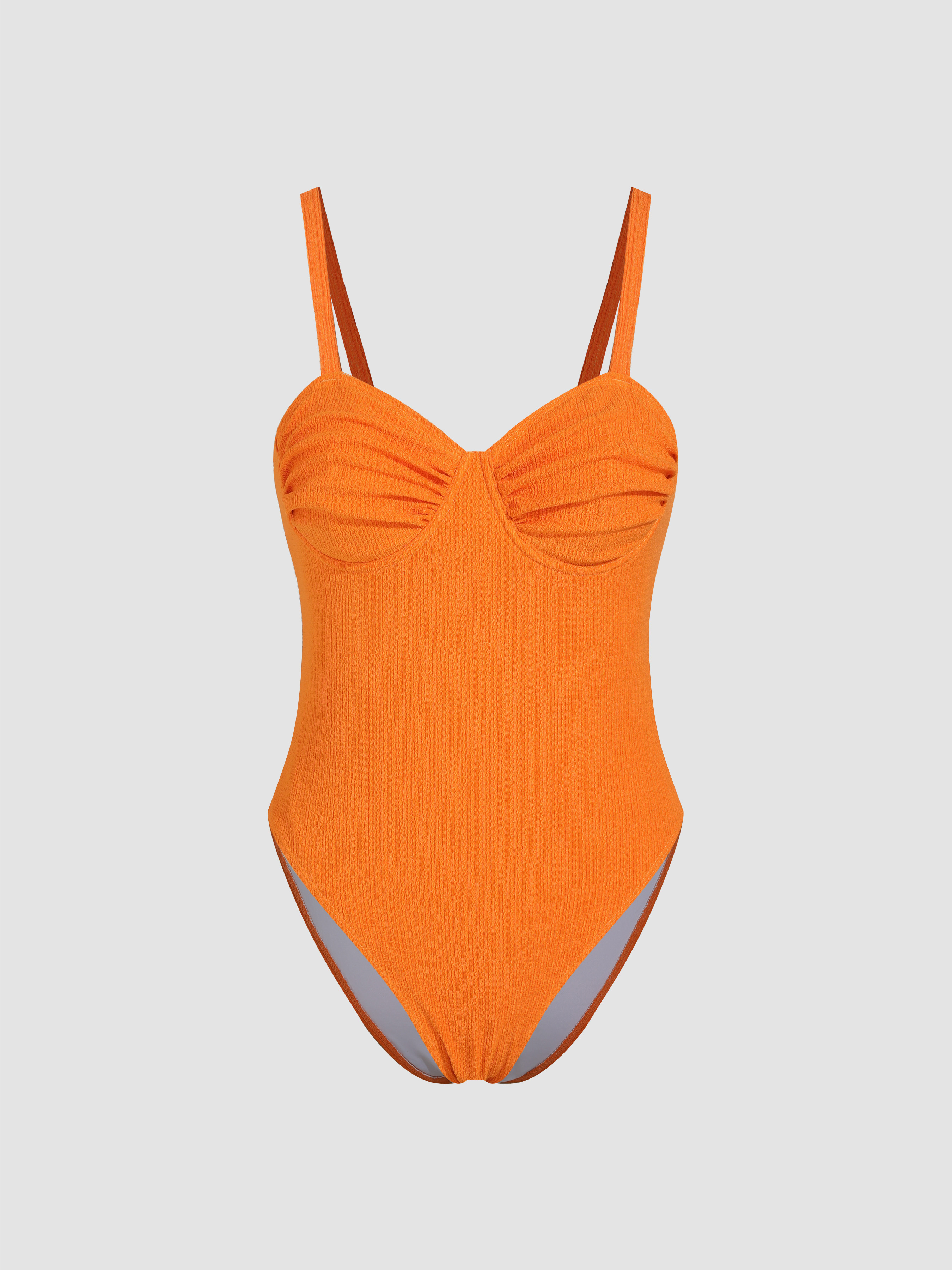 V Neck Knitted Ruched One Piece Swimsuit Cider