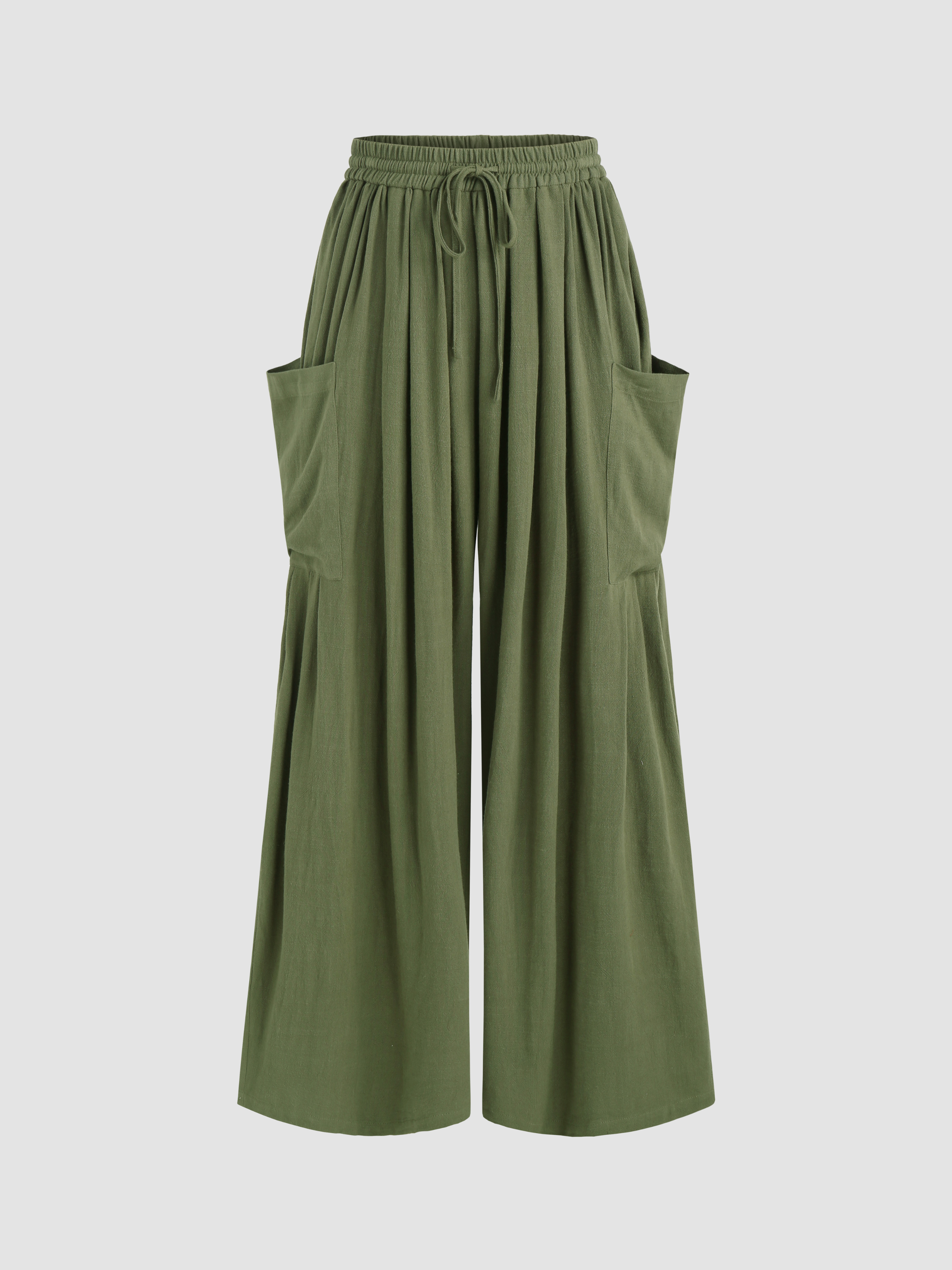 Linen-blend Linen-blend Elastic Waist Pocket Wide Leg Trousers For ...