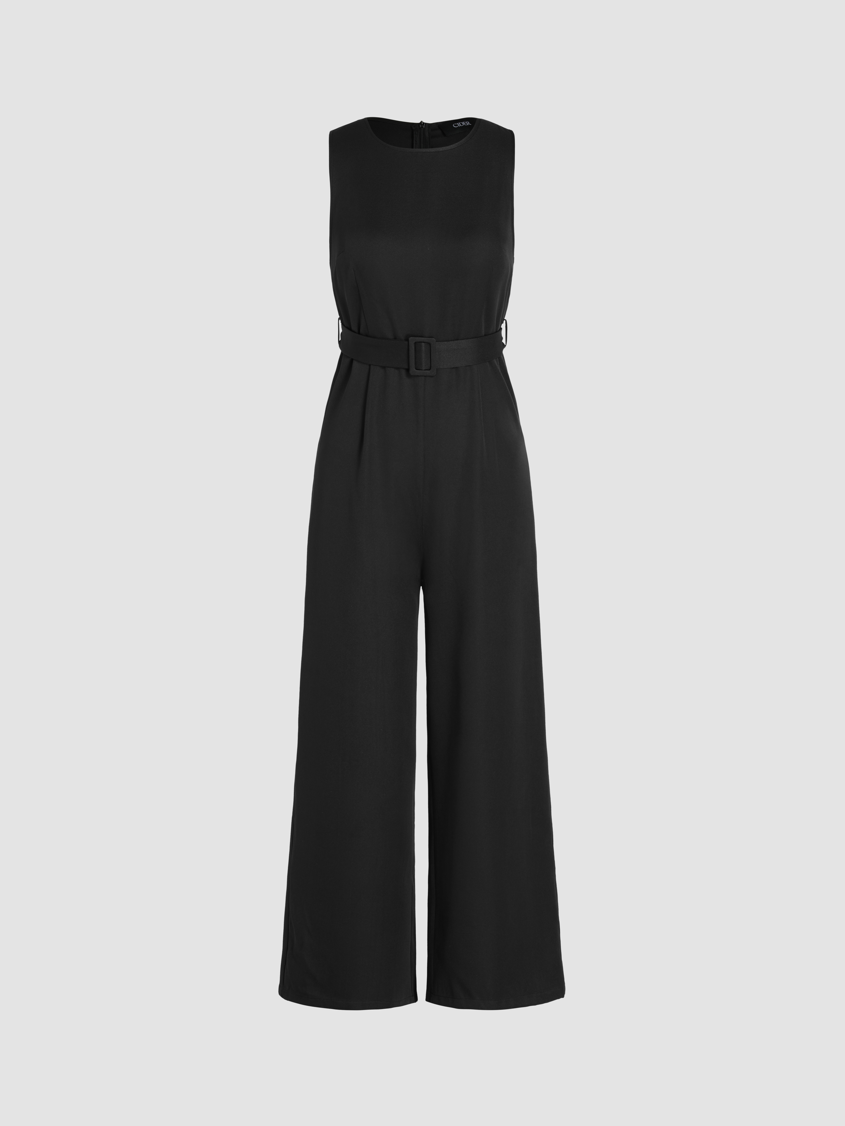 Woven Solid Round Neckline Jumpsuit With Belt For Daily Casual