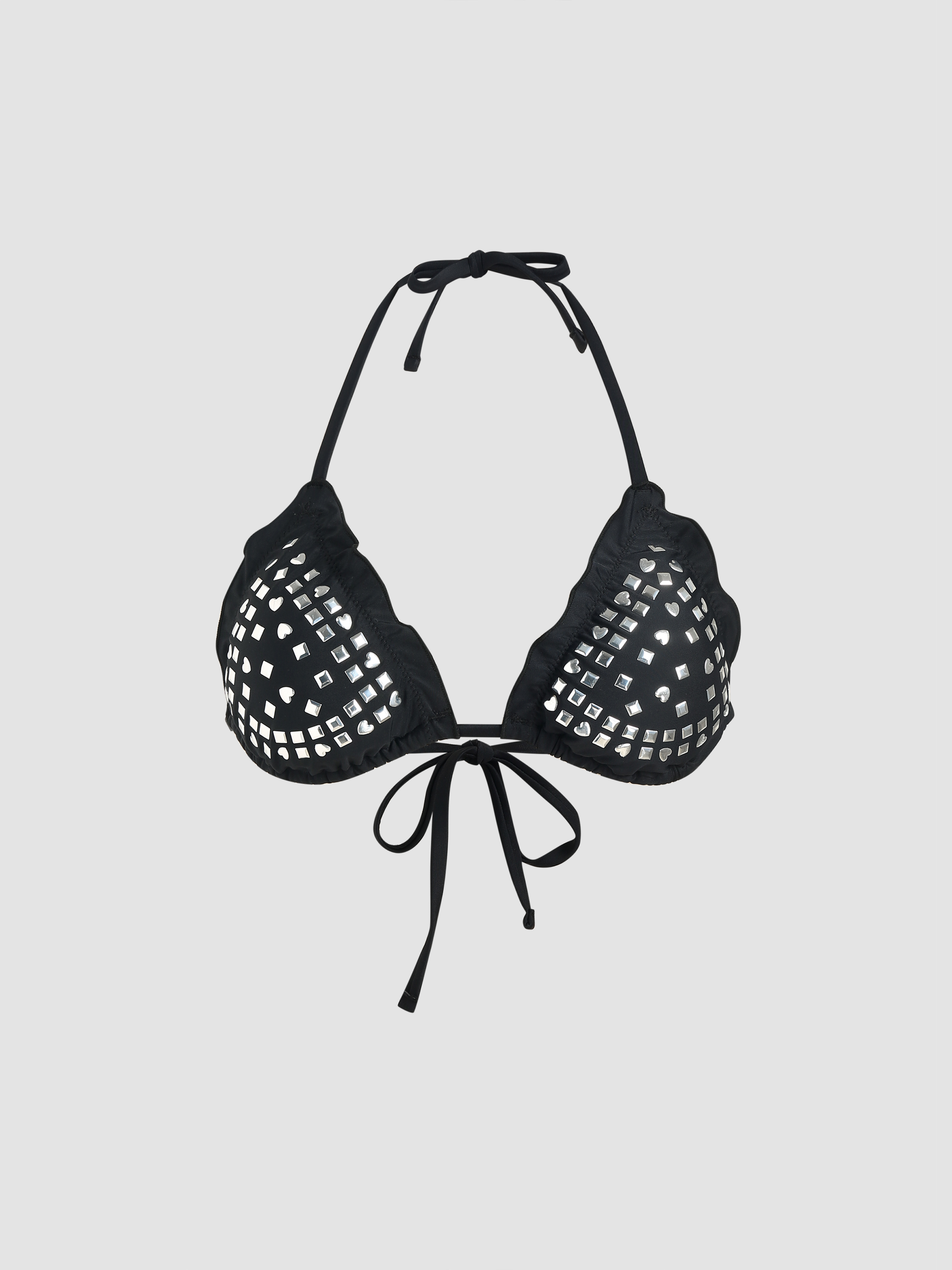 Knit Fabric Halter Rhinestone Lettuce Trim Triangle Bikini Top For ...