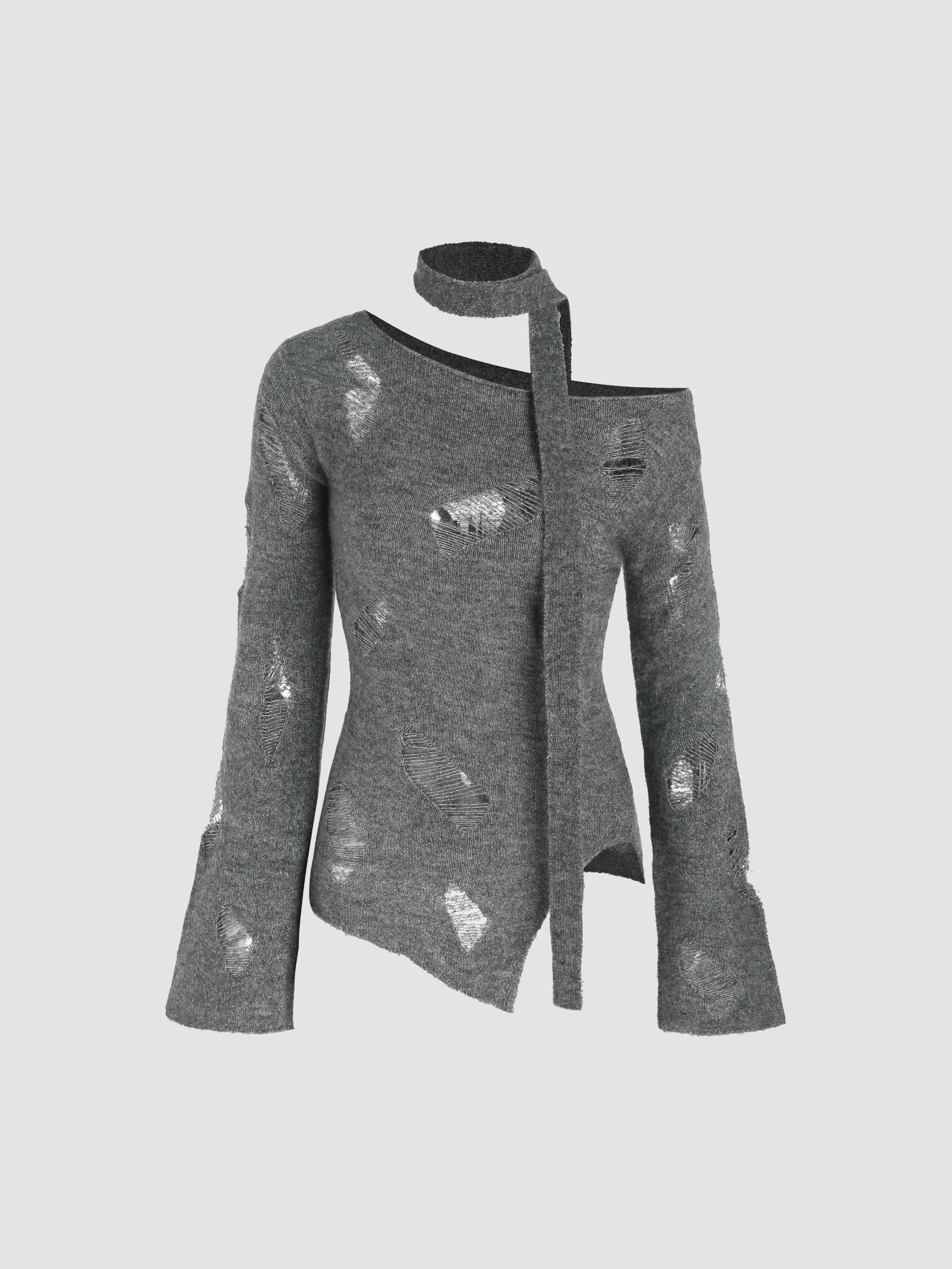 Asymmetrical Neck Solid Ripped Knitted Long Sleeve Top - Cider