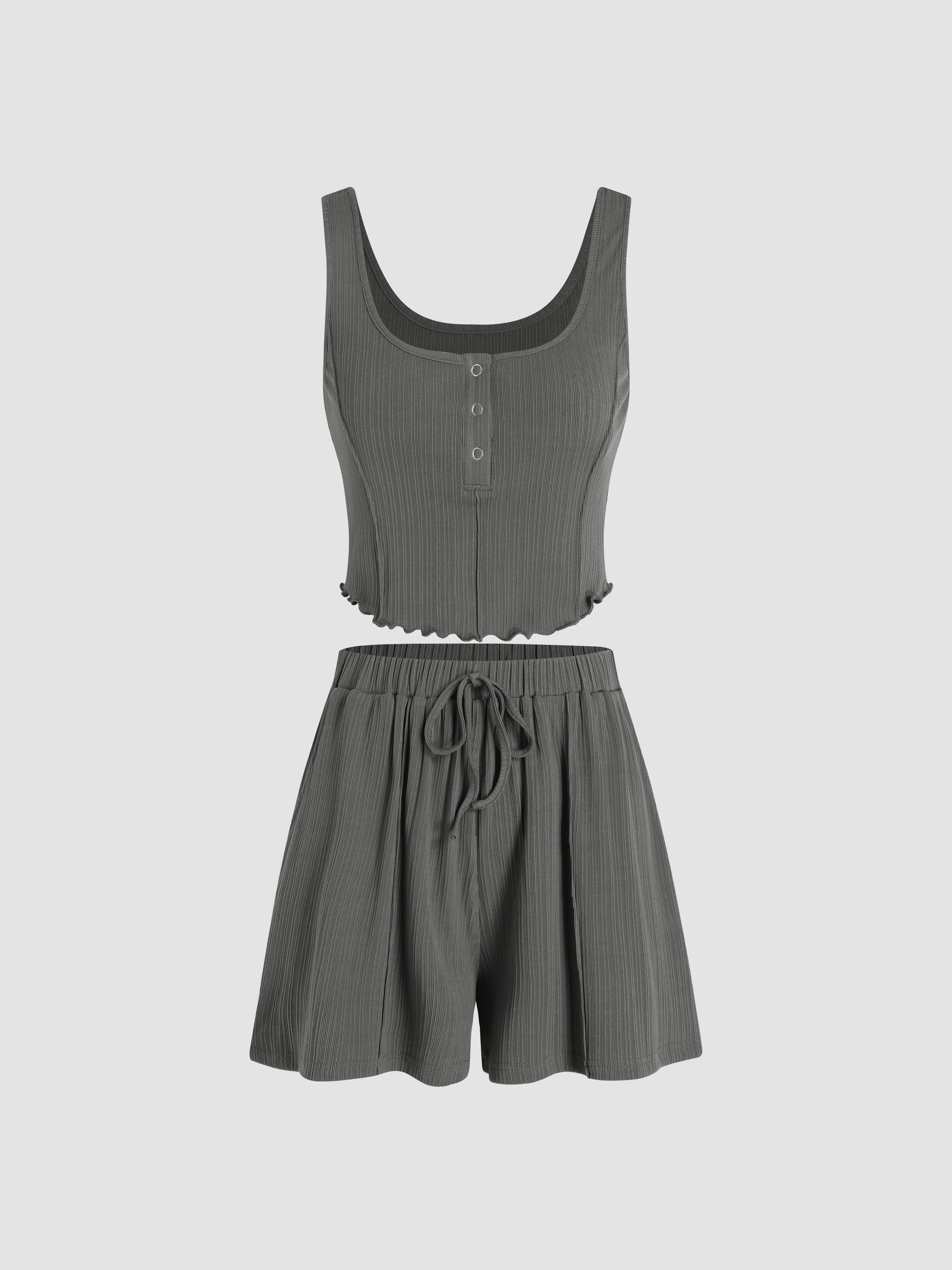 Solid Scoop Neckline Ruffle Trim Cami Top & Shorts Matching Set - Cider