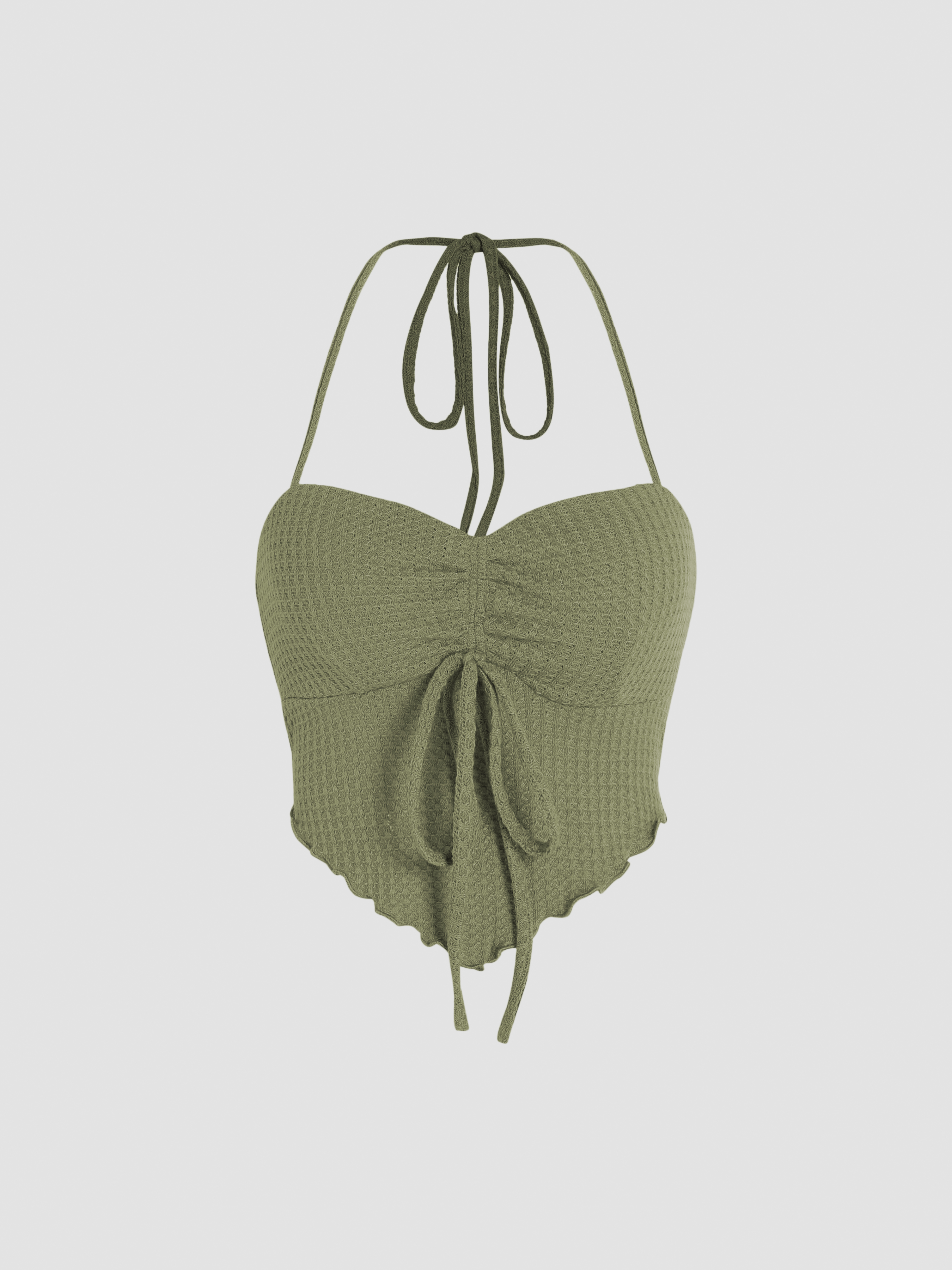 Knit Fabric Texture Drawstring Halter Crop Top For School Picnic Vacation