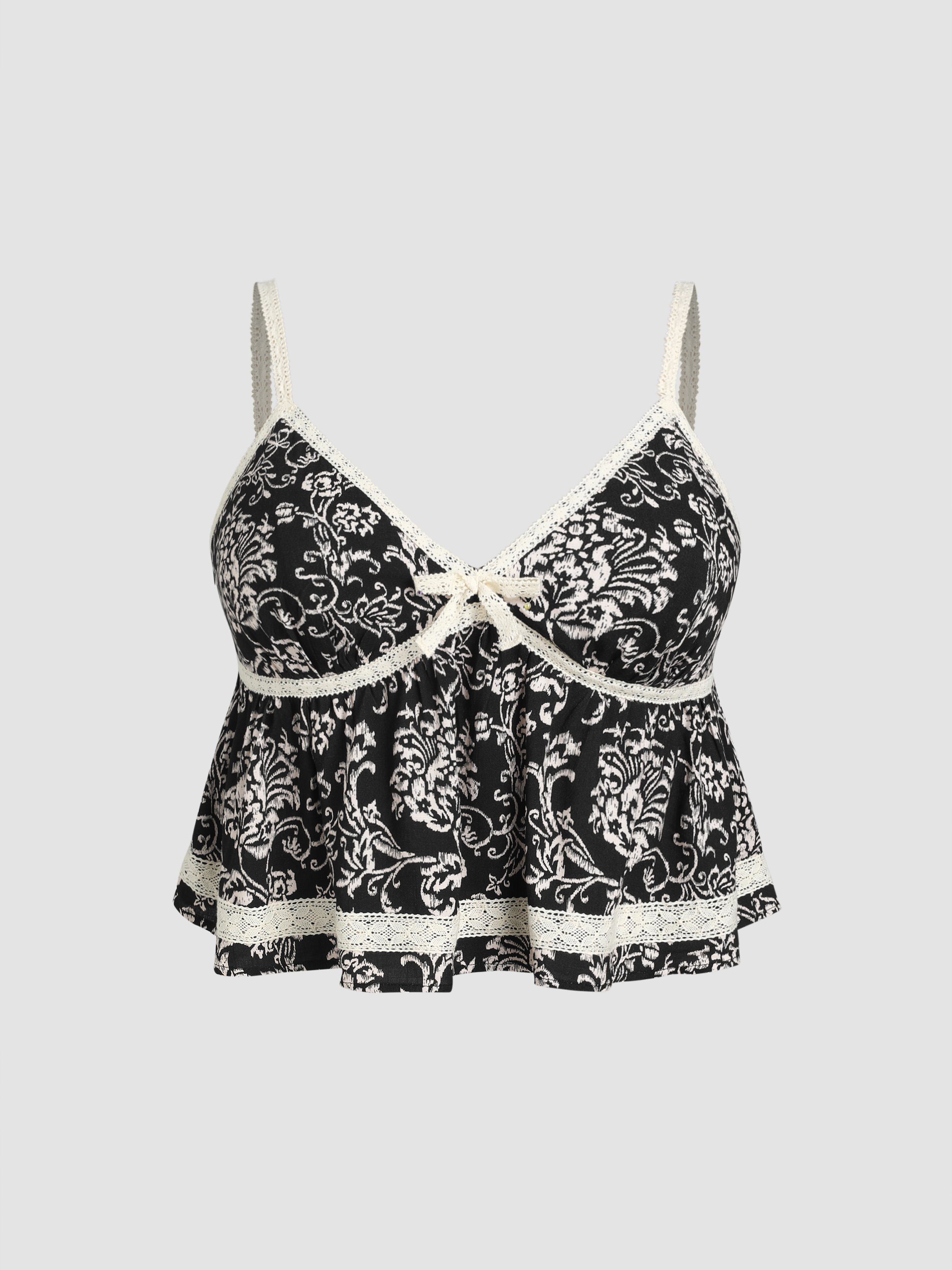 Woven Floral Bow Ruffle Tank Top Curve & Plus For Vacation