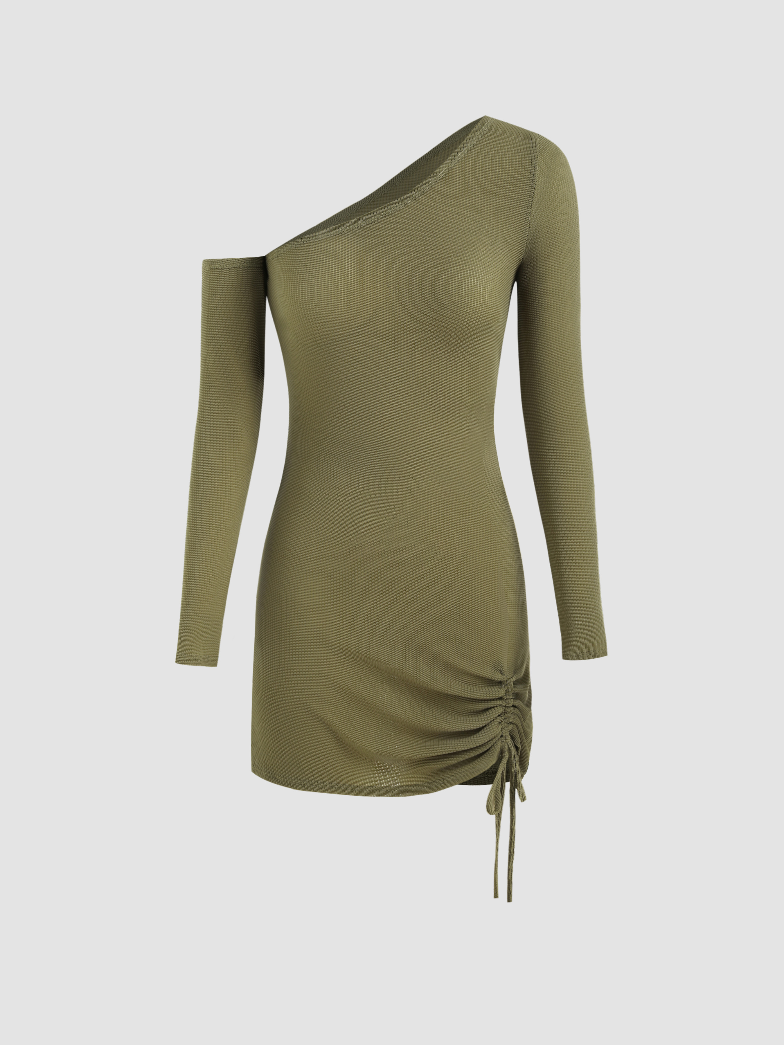 Asymmetric Long Sleeve Drawstring Smock Mini Dress - Cider