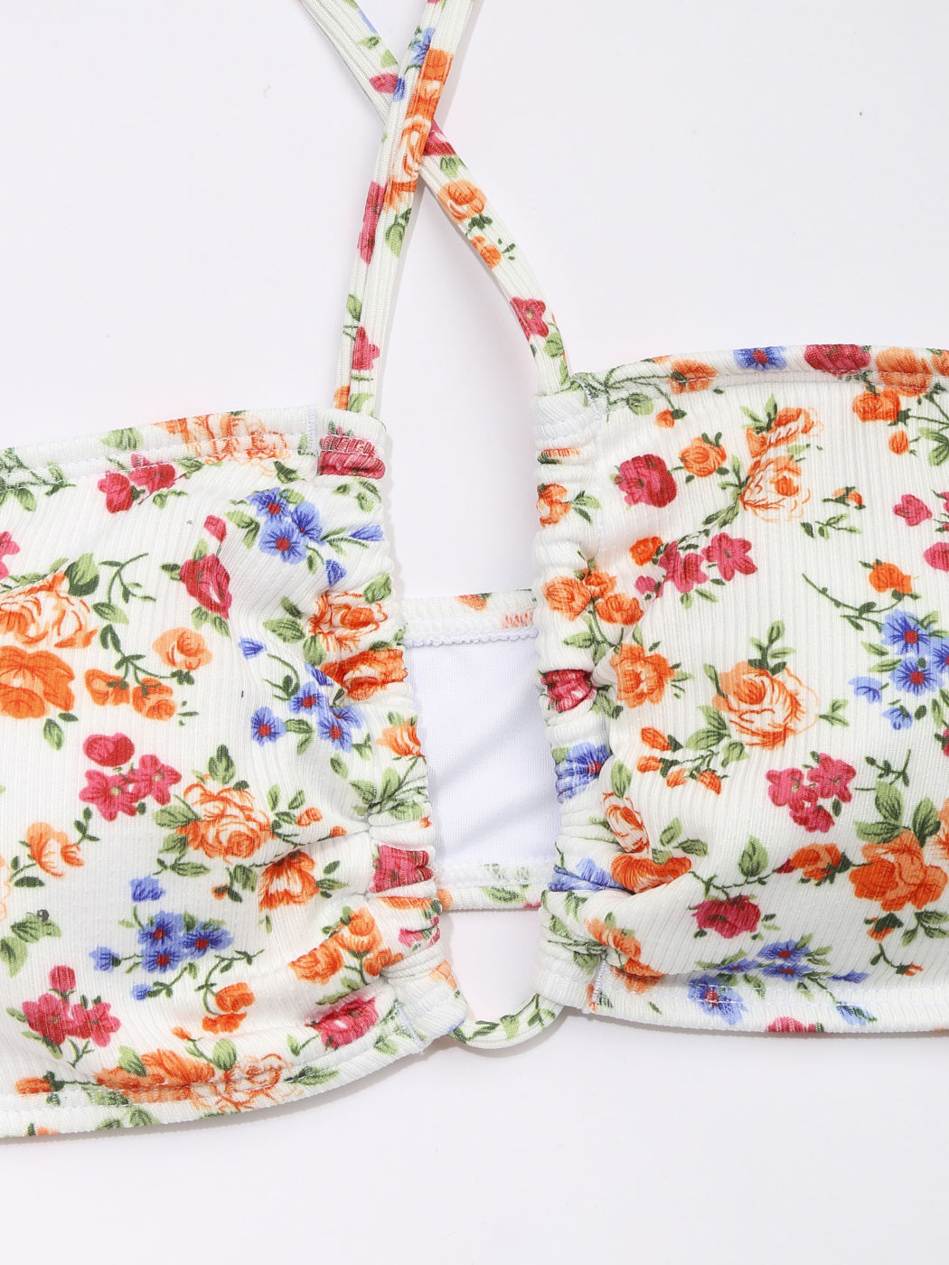 Halter Criss Cross Cut Out Floral Rib Bikini Set For Vacation Swimming Pool Beach