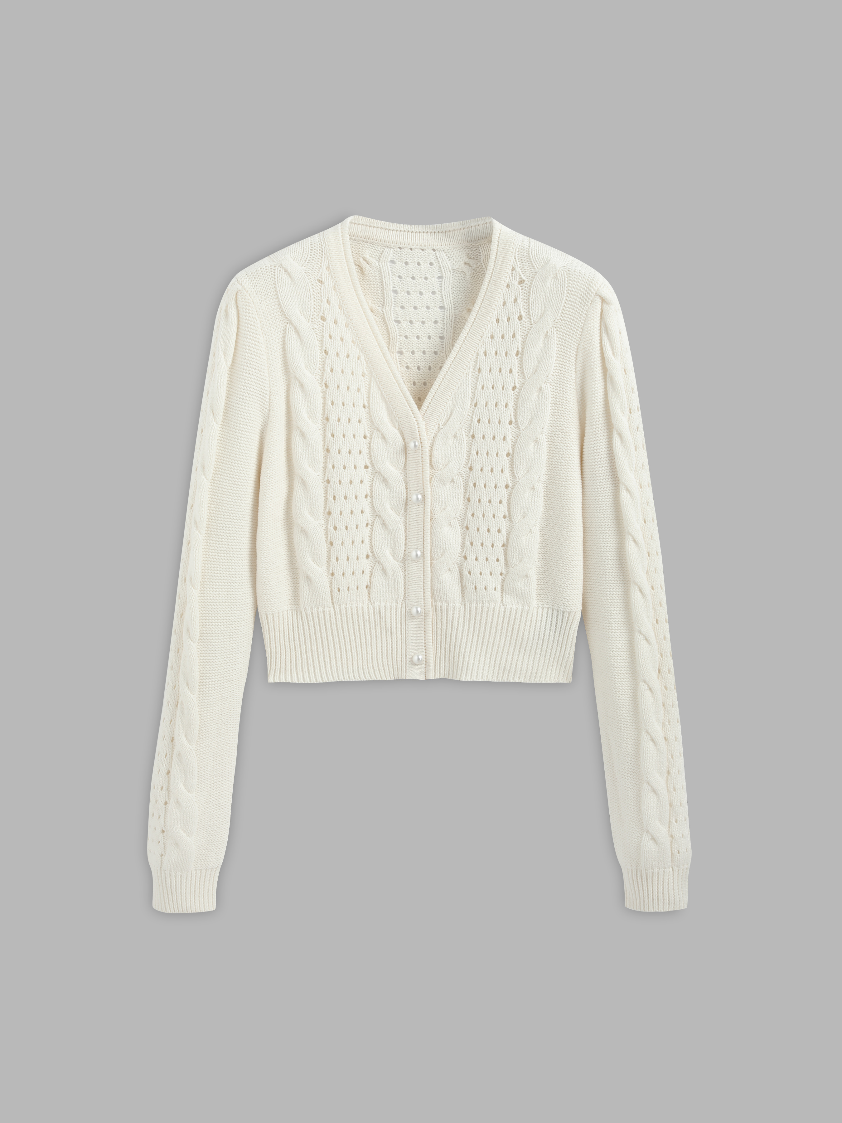 Solid Cable Knit V-neck Faux Pearl Button Cardigan For Daily Casual School