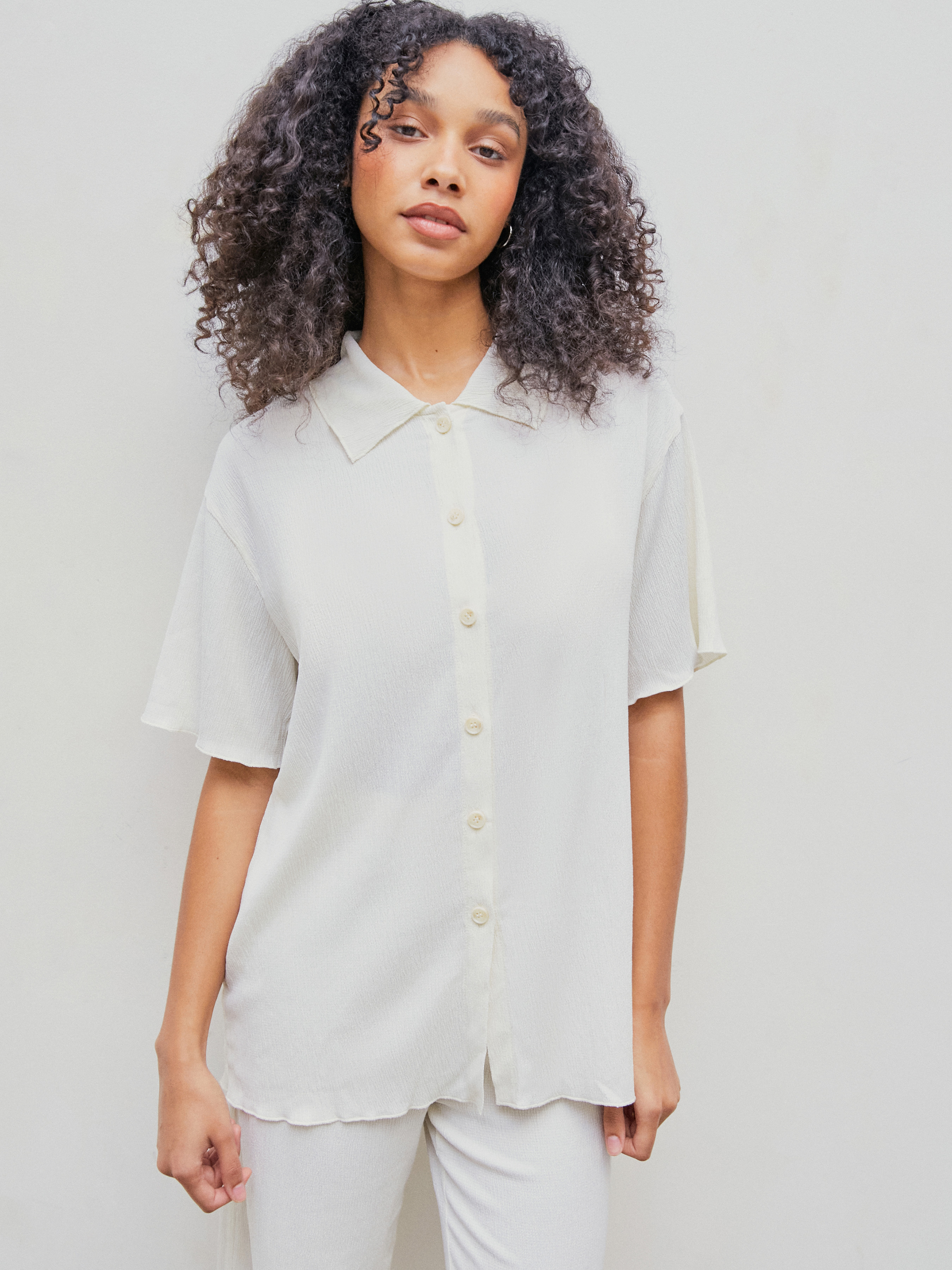 Solid Stand Collar Button Lounge Short Sleeve Top - Cider