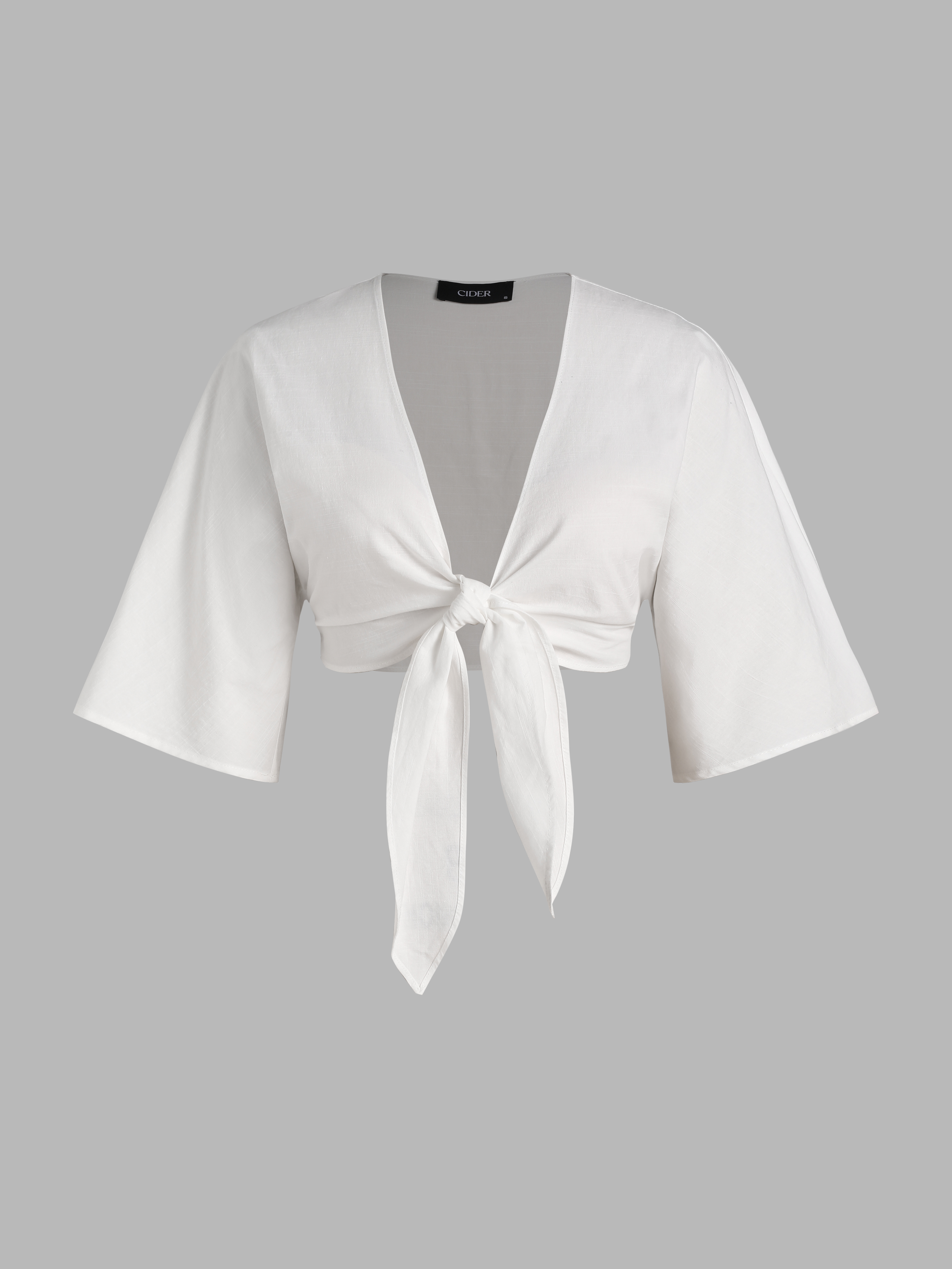 V-neck Solid Knotted Short Sleeve Top For Vacation Holiday