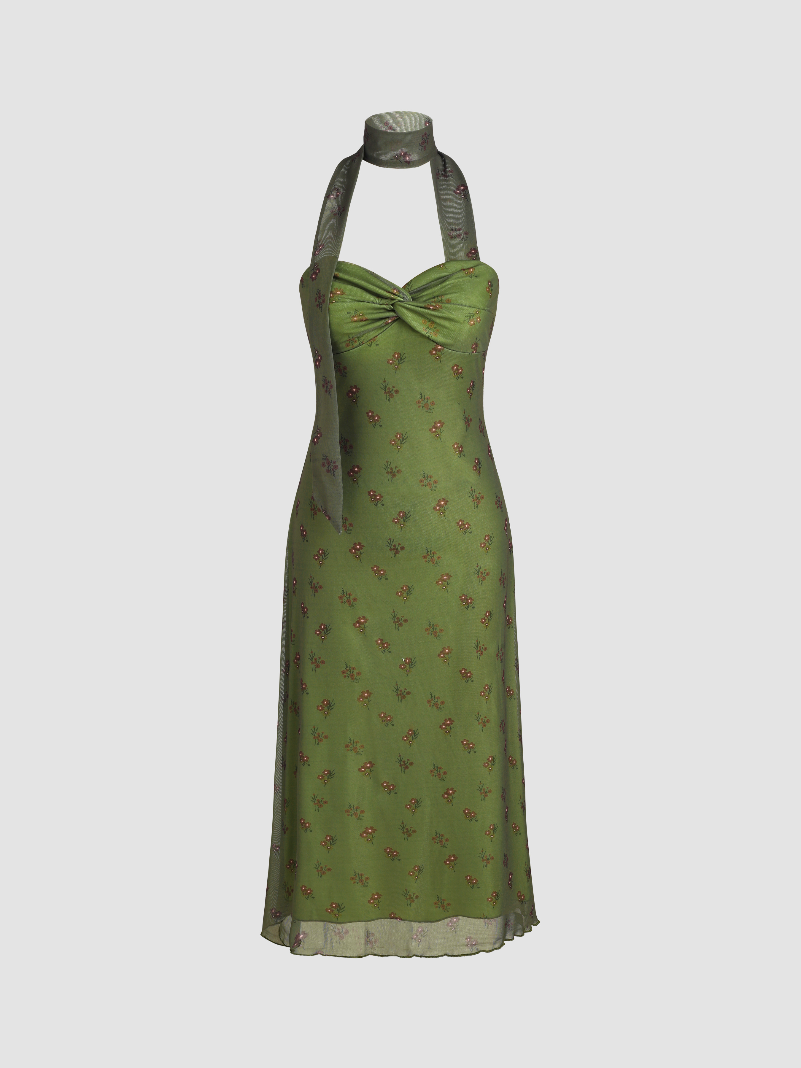 Mesh Mesh Asymmetrical Neck Ditsy Floral Maxi Dress For Date Vacation