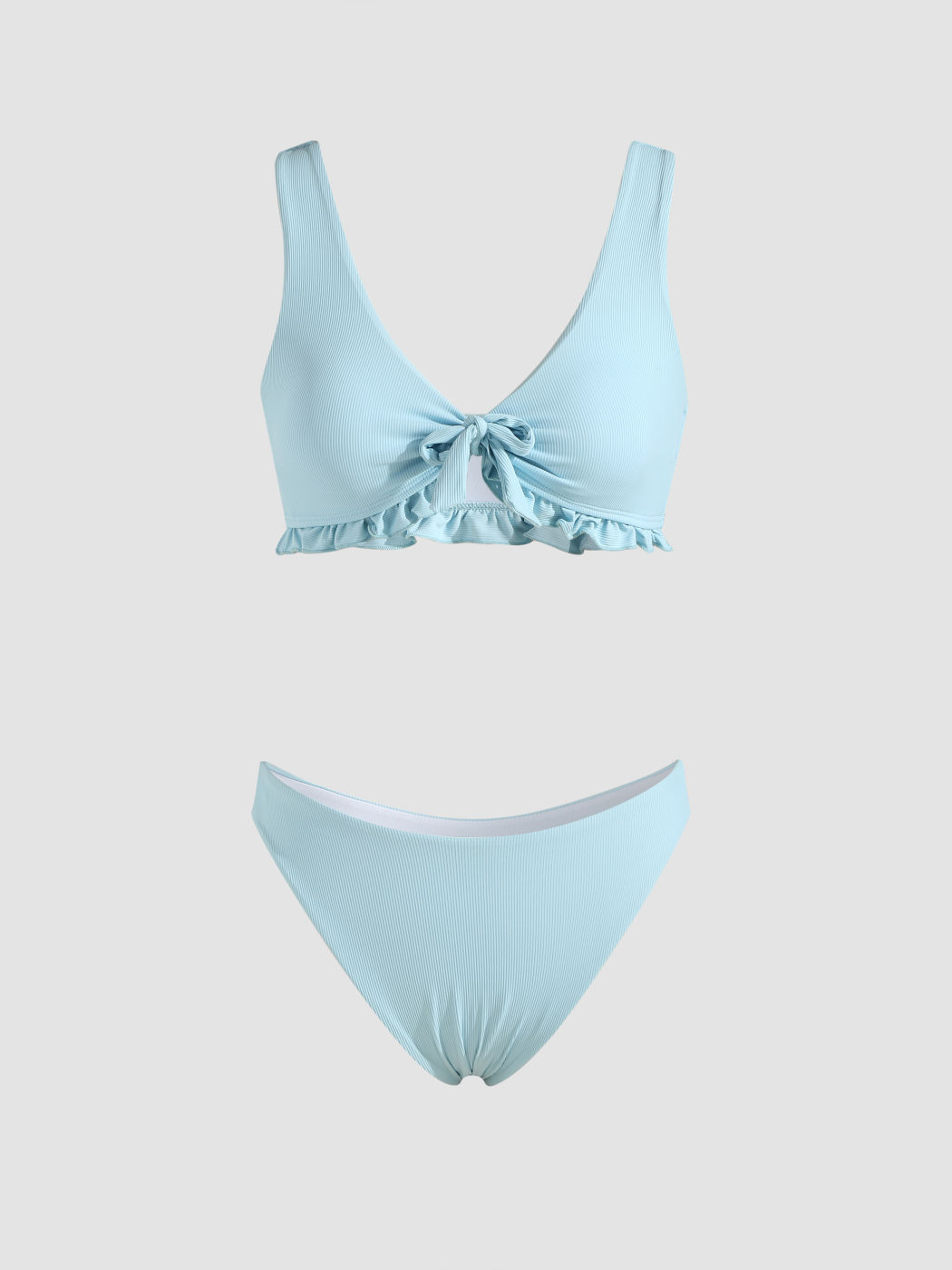 V-neck Lettuce Trim Bowknot Bracelet Bikini Top - Cider