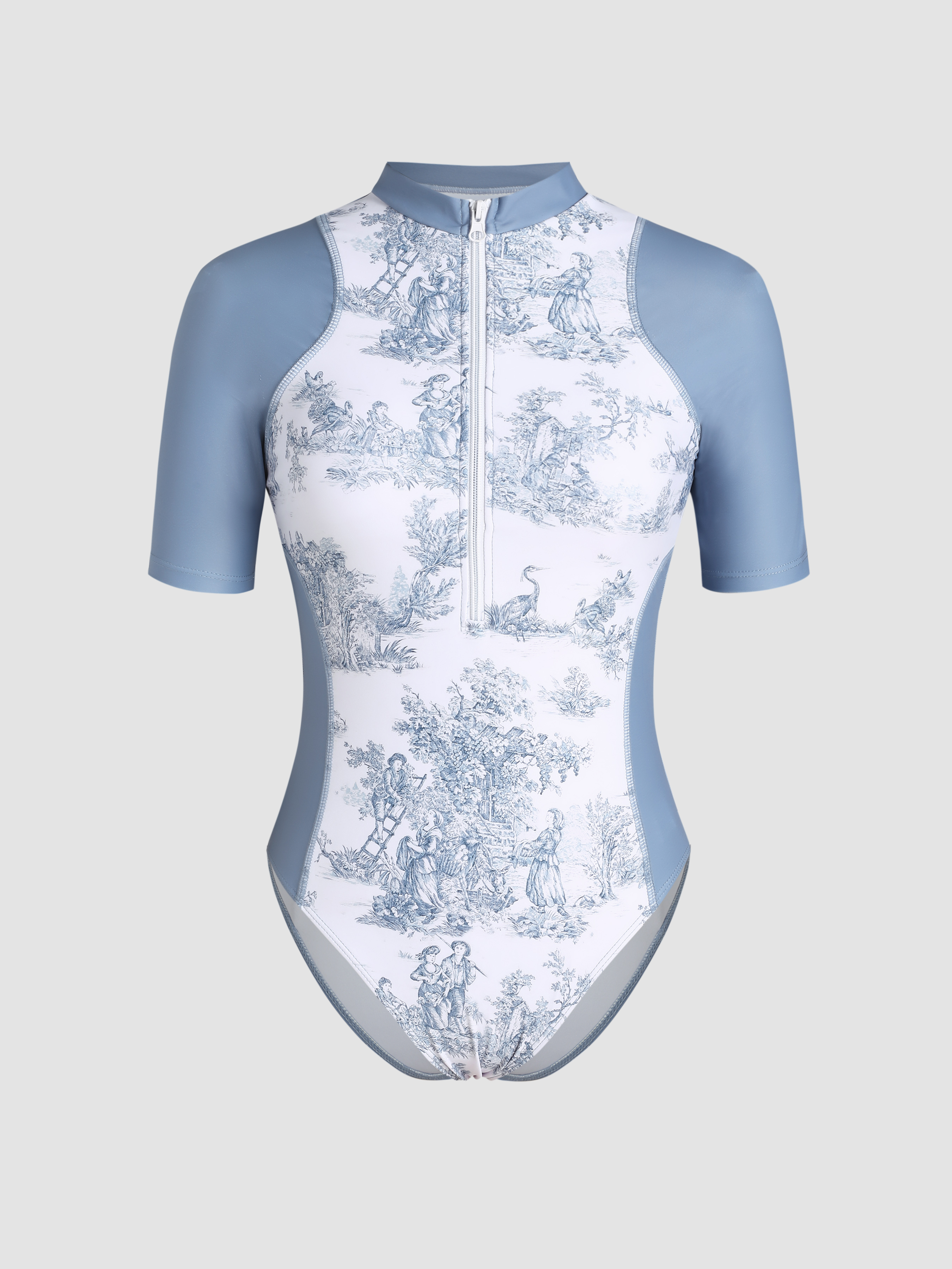 Tummy Control Tummy Control Stand Collar Toile de Jouy Zipper One Piece ...