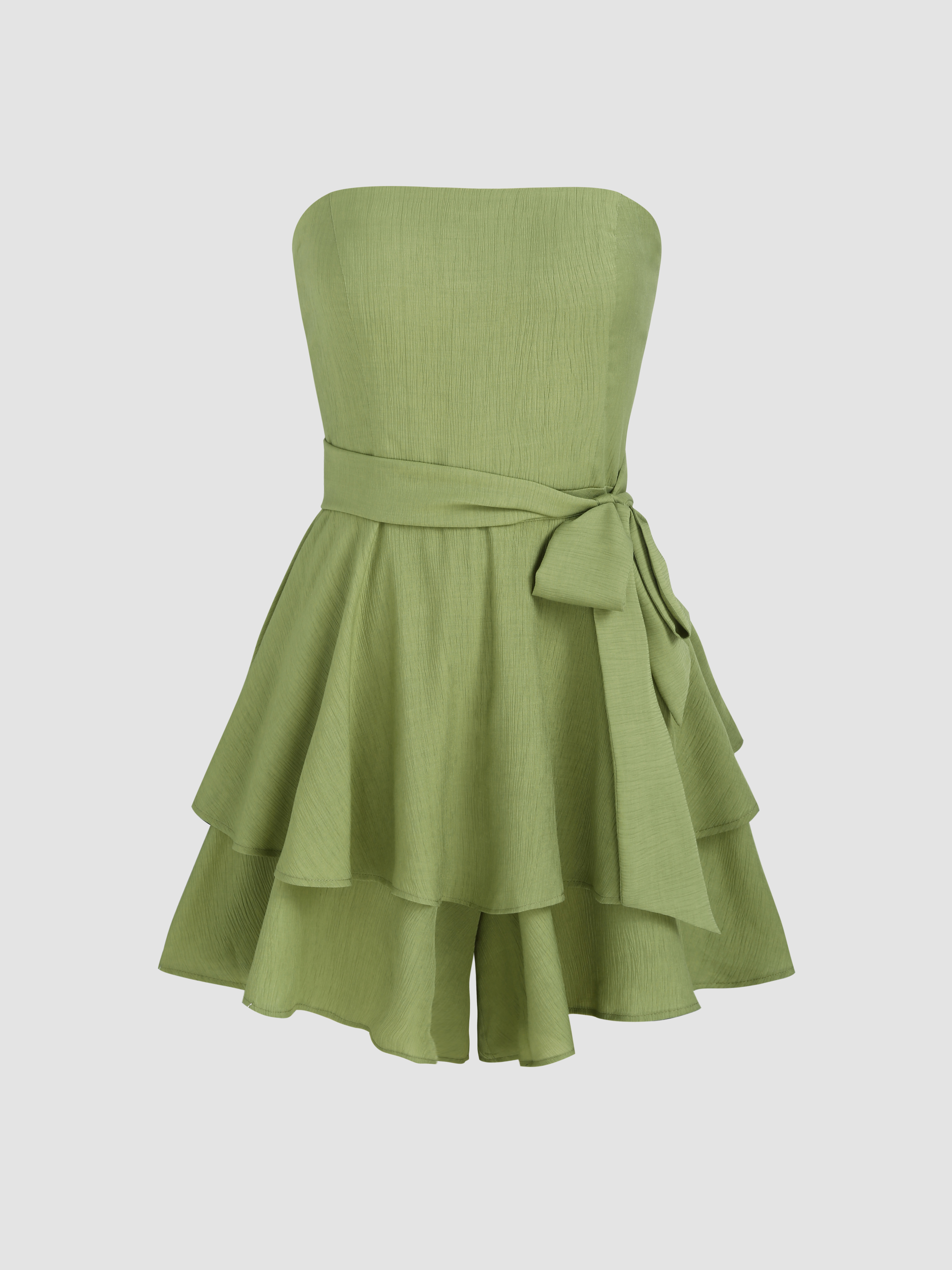 Solid Ruffle Bowknot Shirred Tube Romper - Cider