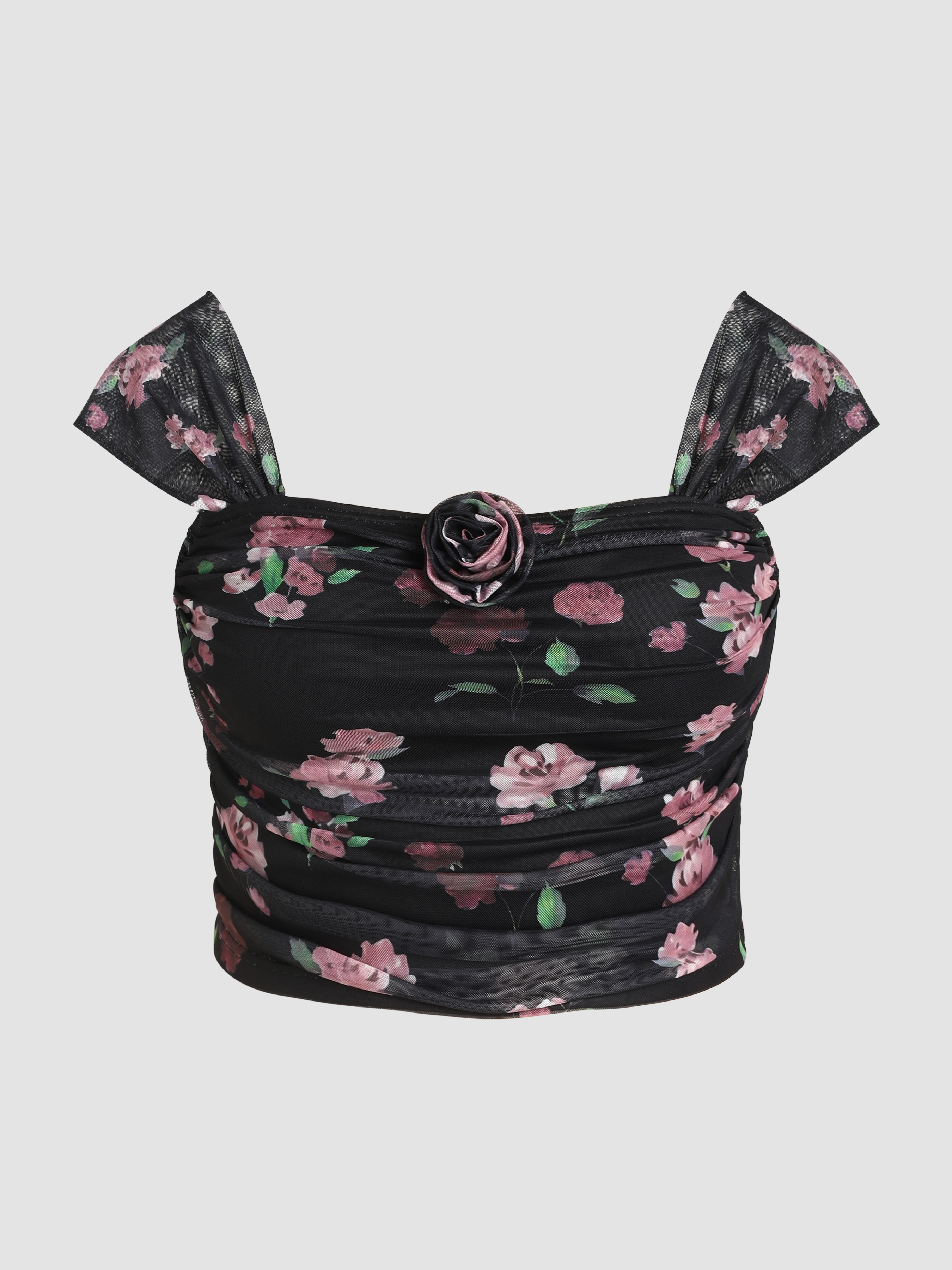 Mesh 3D Floral Mesh Crop Top Curve & Plus For Date Music Festival/Live ...