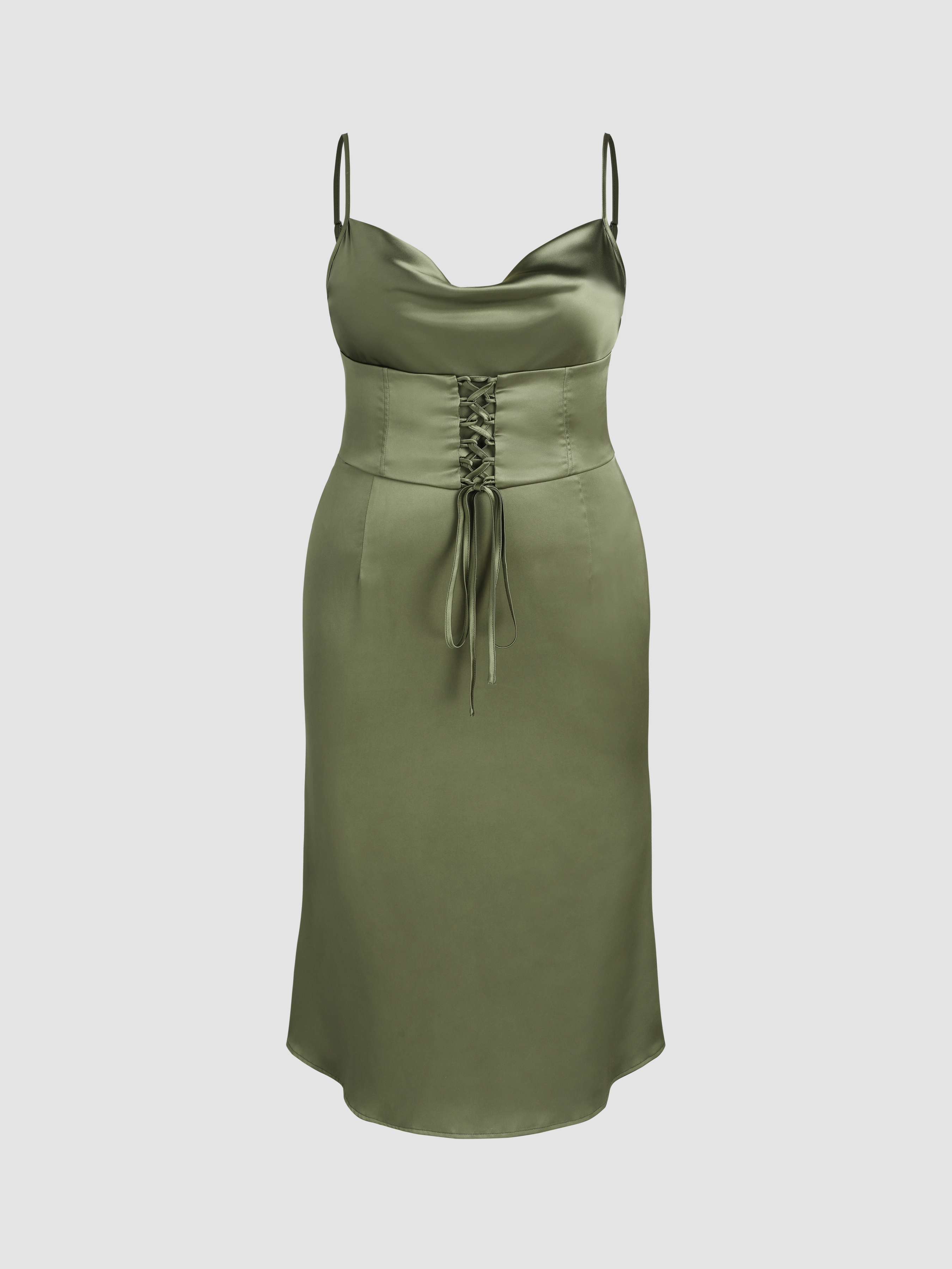 Satin Satin Cowl Neck Lace Up Corset Midi Dress Curve And Plus For Date