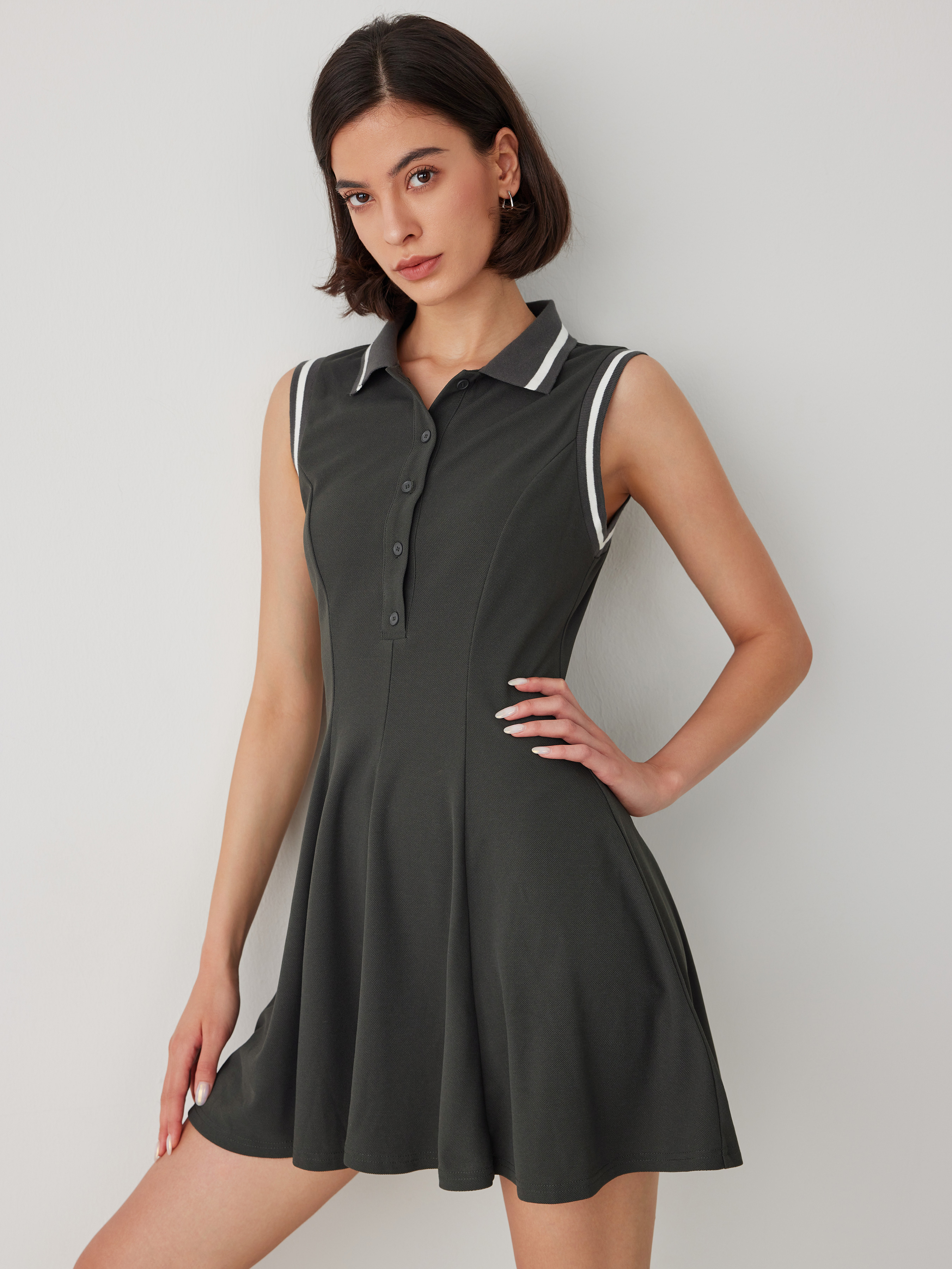 Woven Pleated Contrasting Trim Polo Mini Dress For Daily Casual School