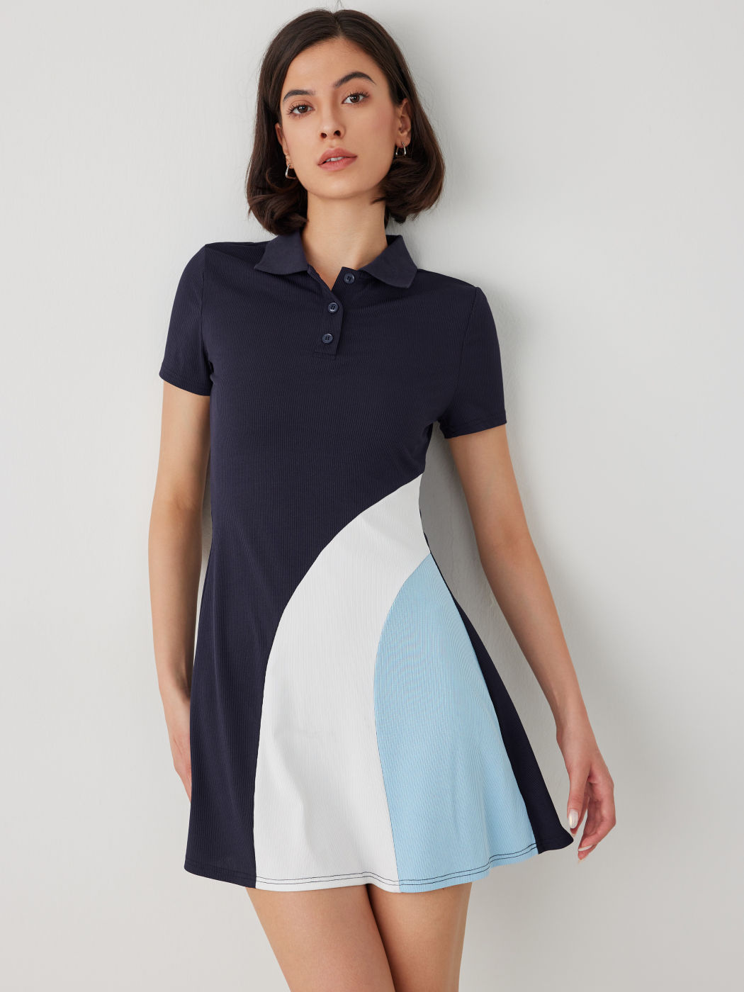 Contrast Color Polo Mini Dress - Cider
