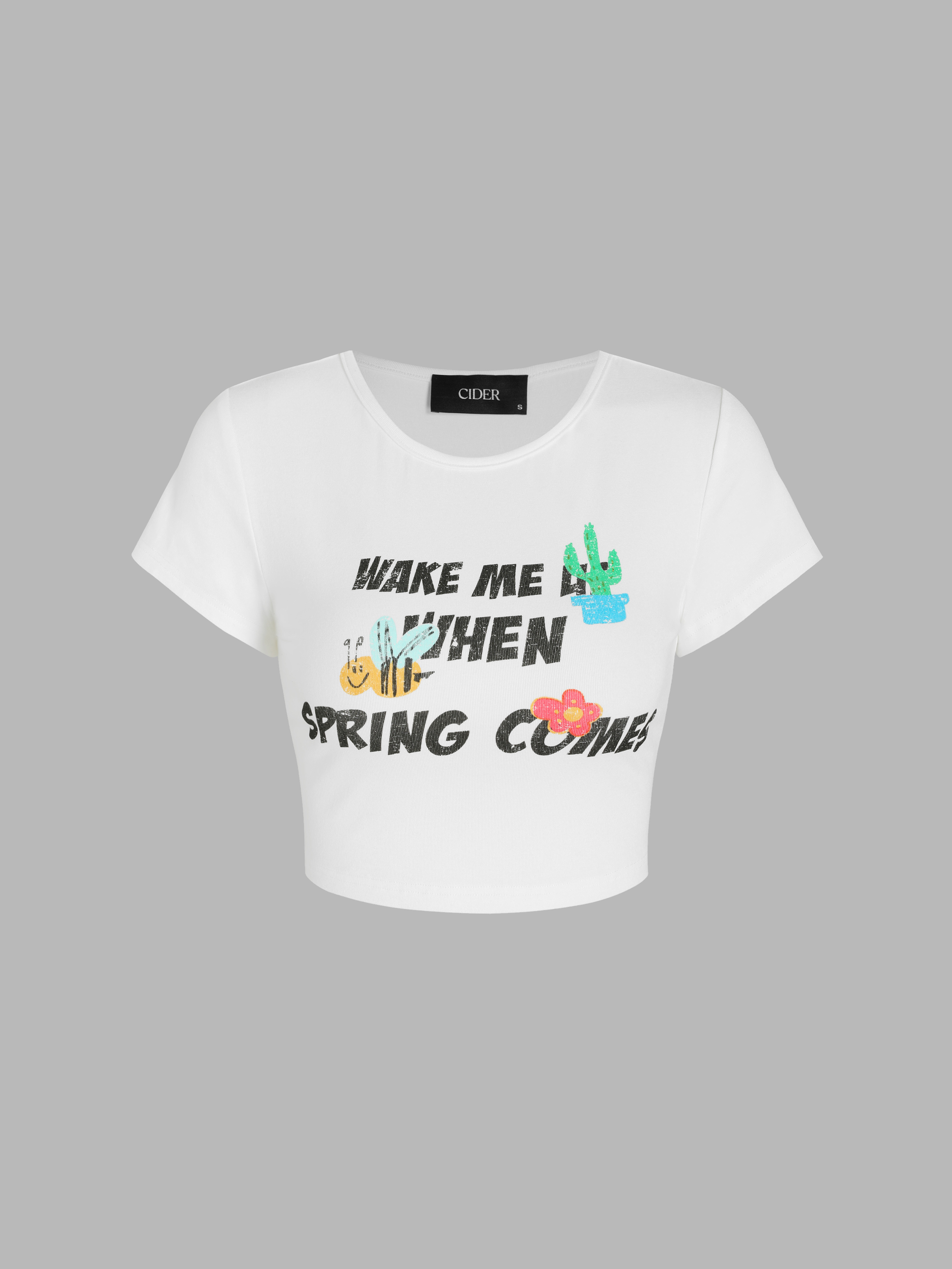 Knit Fabric Round Neckline Graphic Slogan Crop Top For School Daily Casual