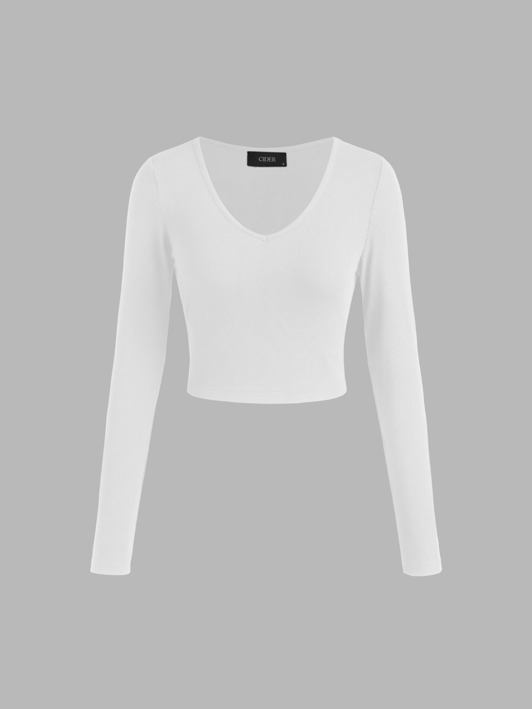 Solid Rib V-neck Long Sleeve Tee For Daily Casual