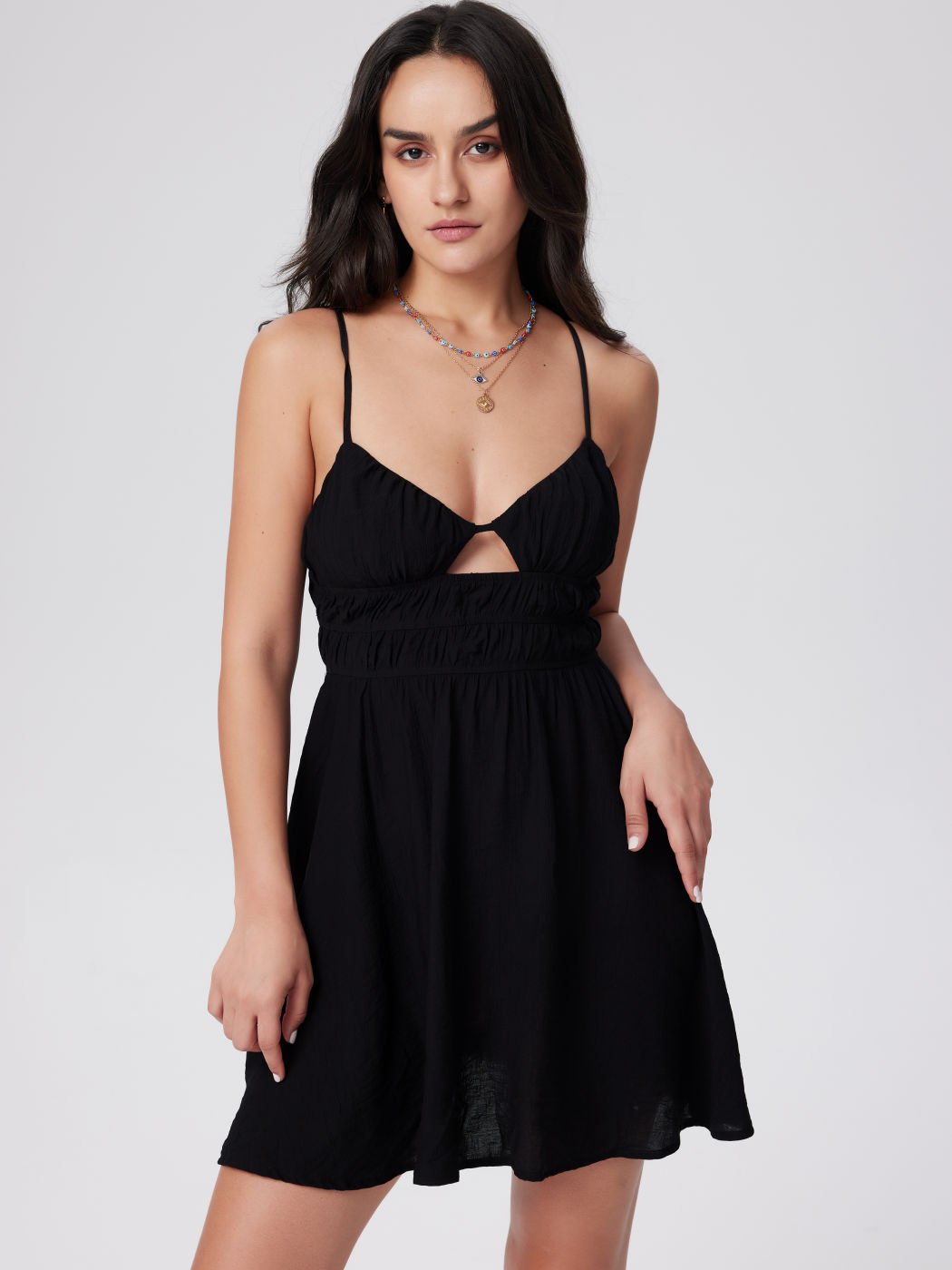 Halloween Sun Dresses Woven V-neck Solid Shirred Mini Dress For Coffee Shop Daily Casual Date