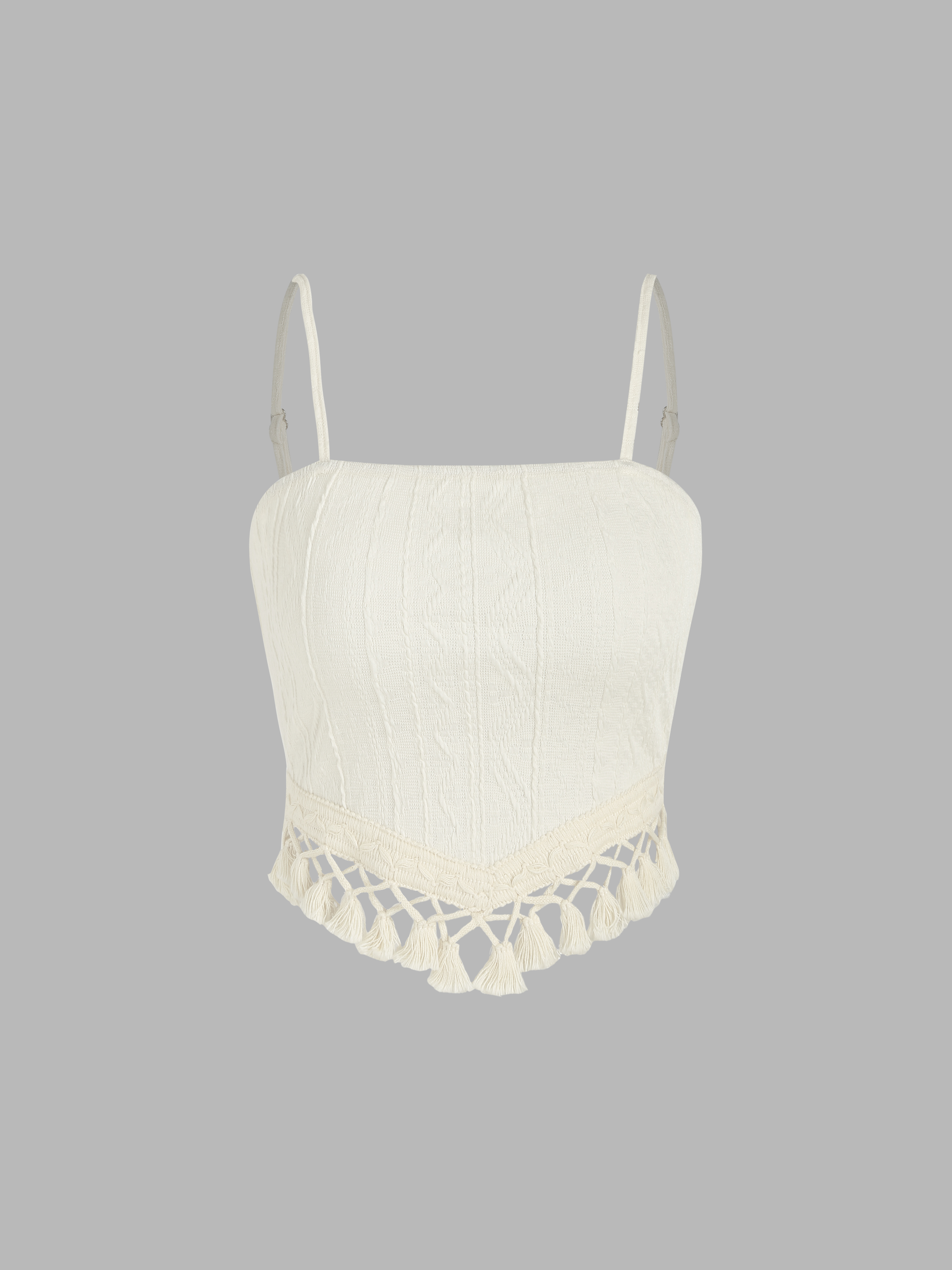 Woven Square Neck Solid Tassel Crop Top For Beach Daily Casual Vacation ...
