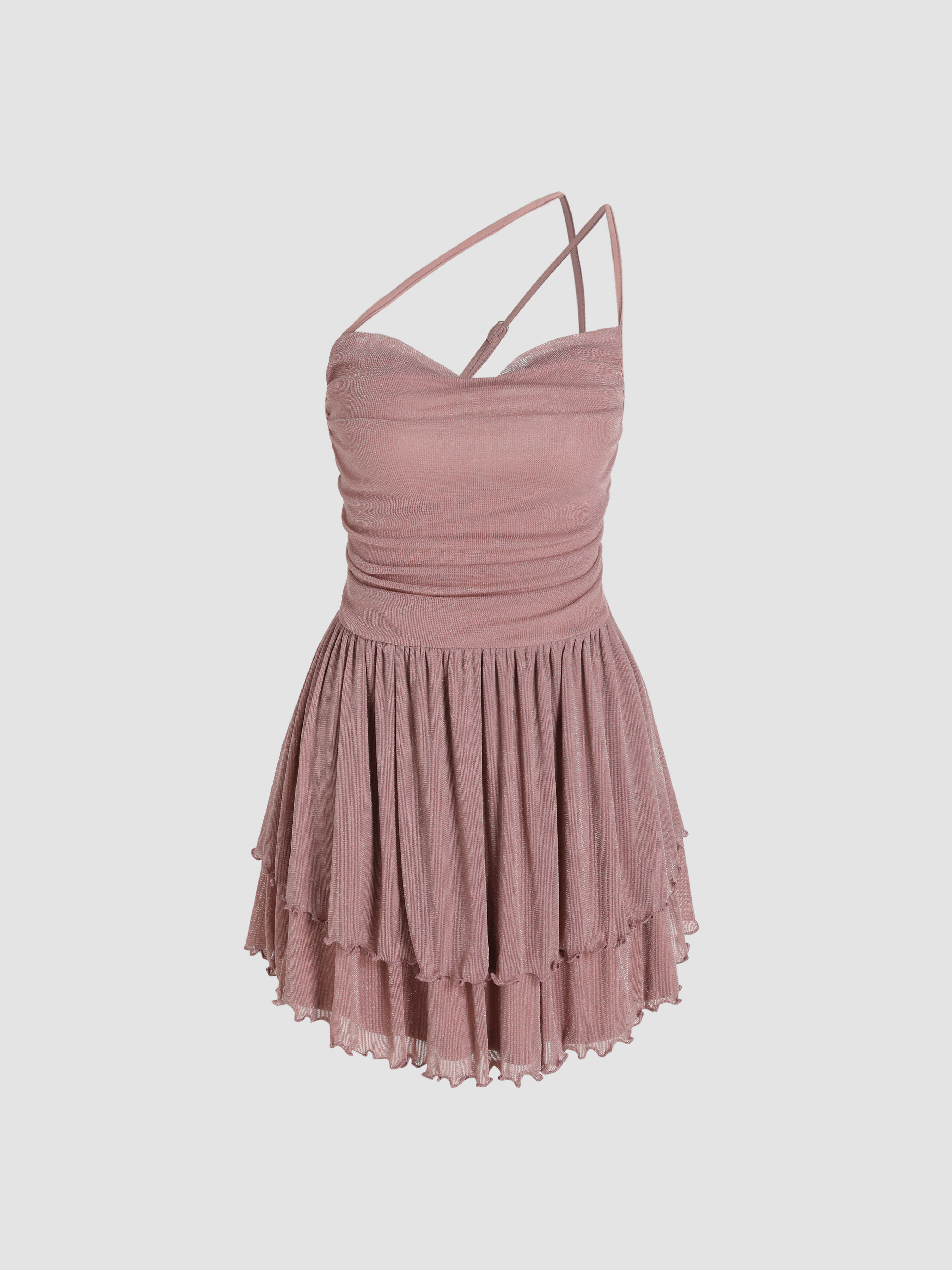 Asymmetrical Cowl Neck Layered Ruffle Cami Mini Dress For Party