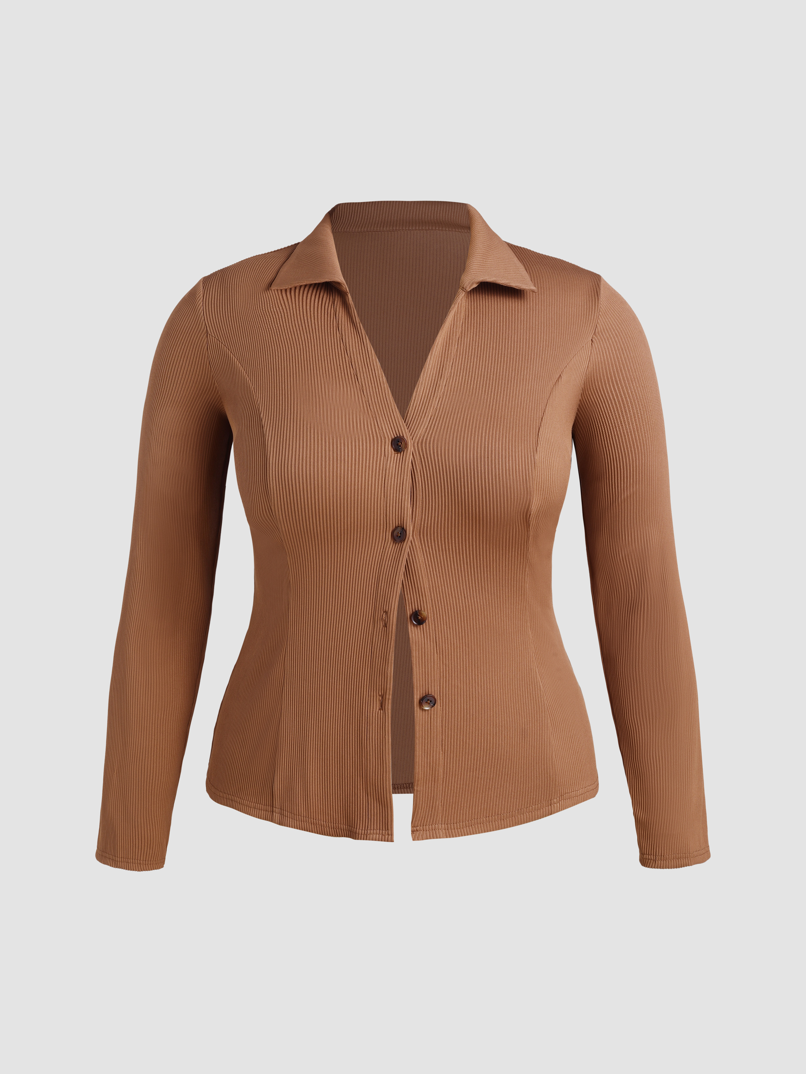Curve & Plus Collar Button Long Sleeve Top - Cider